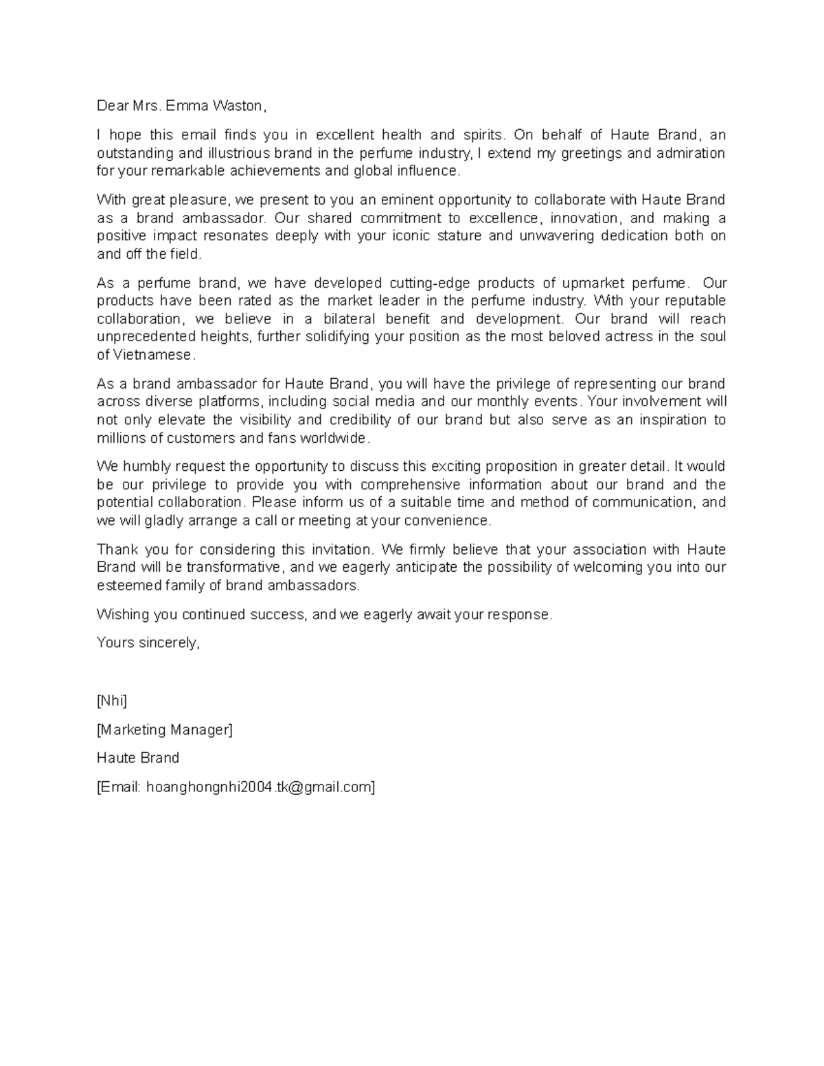 Dear Mrs - useful - Dear Mrs. Emma Waston, I hope this email finds you ...