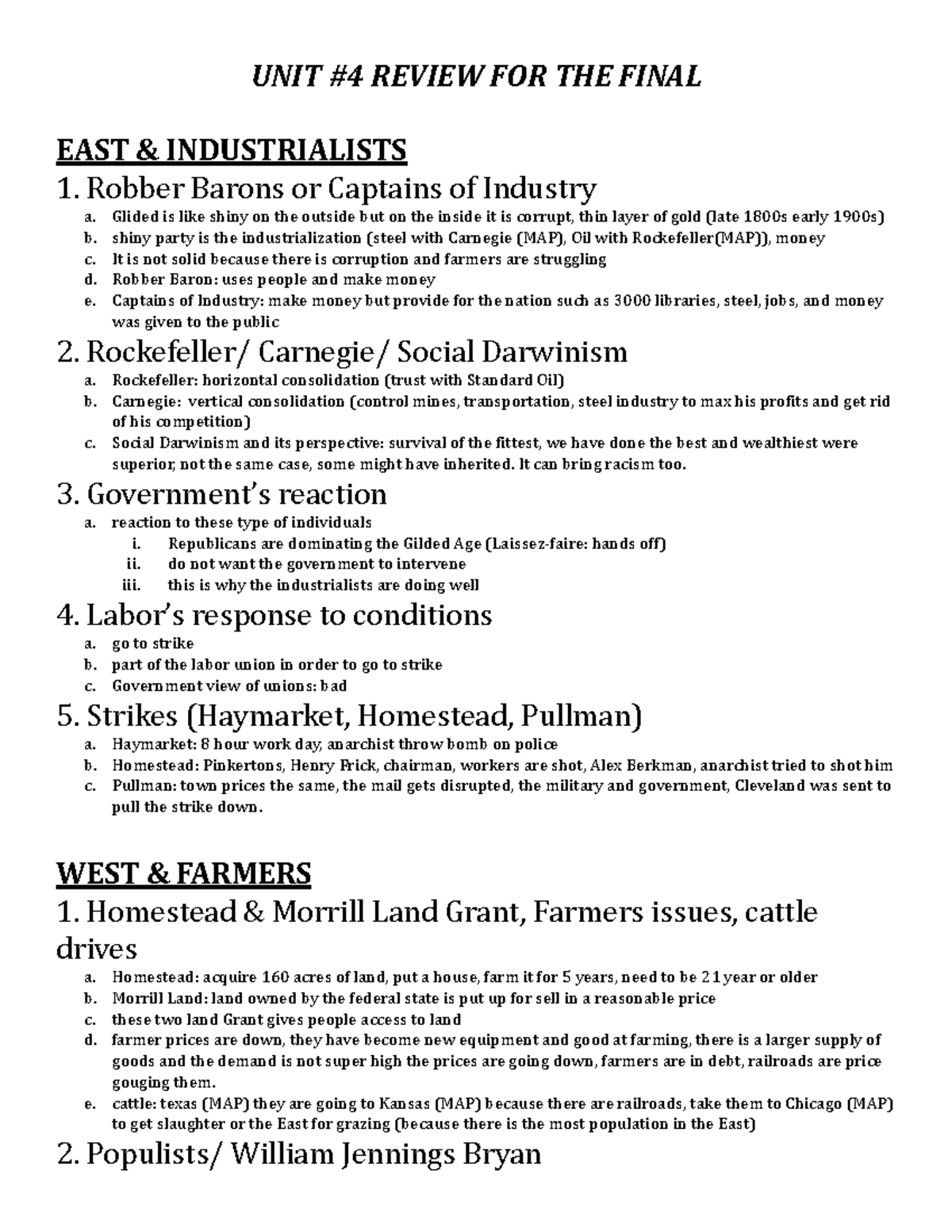 Unit #4 review for final - UNIT #4 REVIEW FOR THE FINAL EAST ...