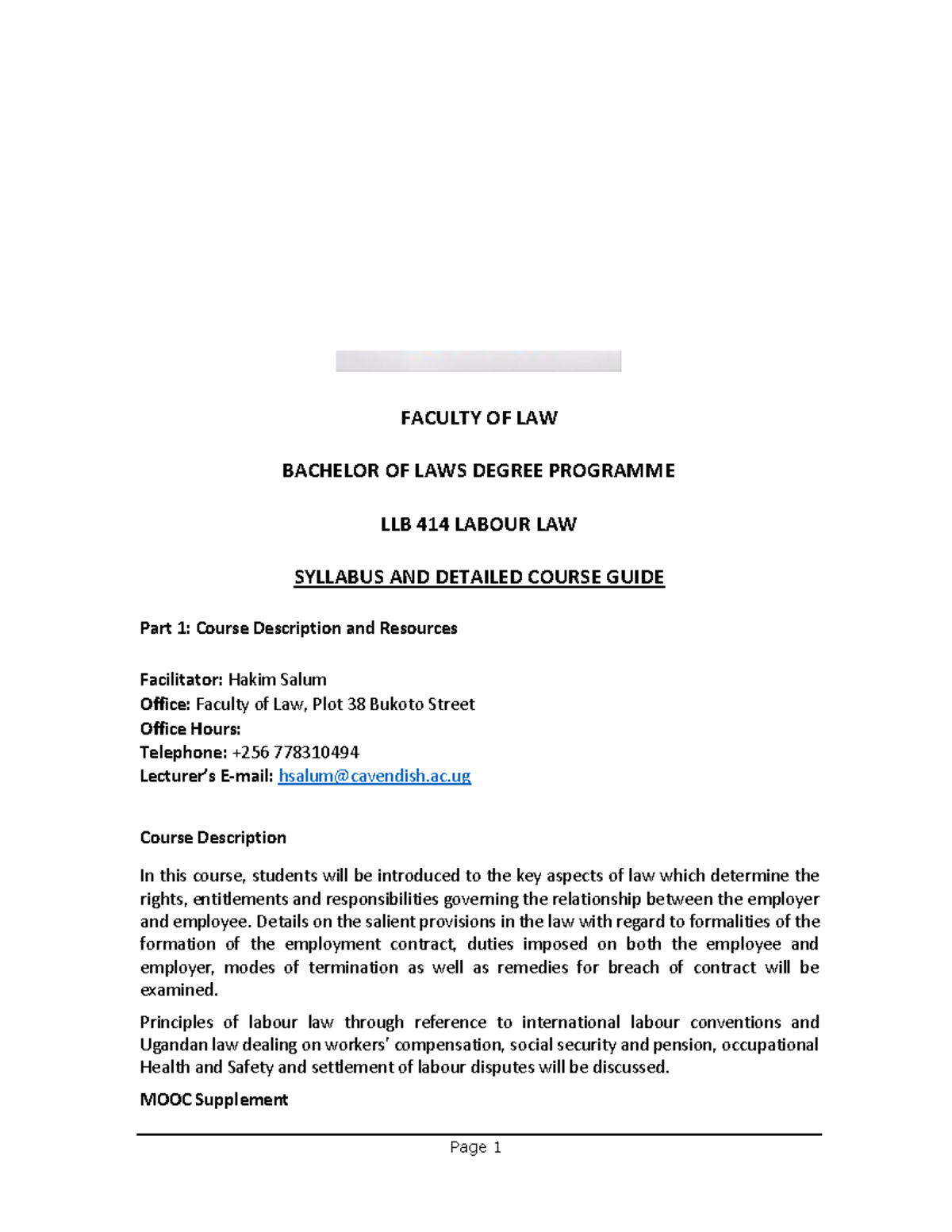 LLB 414 Labour Law Course Guide 20th June 2020 - FACULTY OF LAW ...