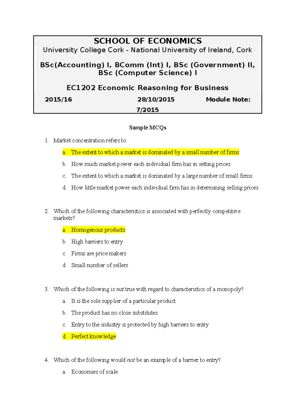 Sample/practice exam 2016, questions and answers - SCHOOL OF ECONOMICS ...