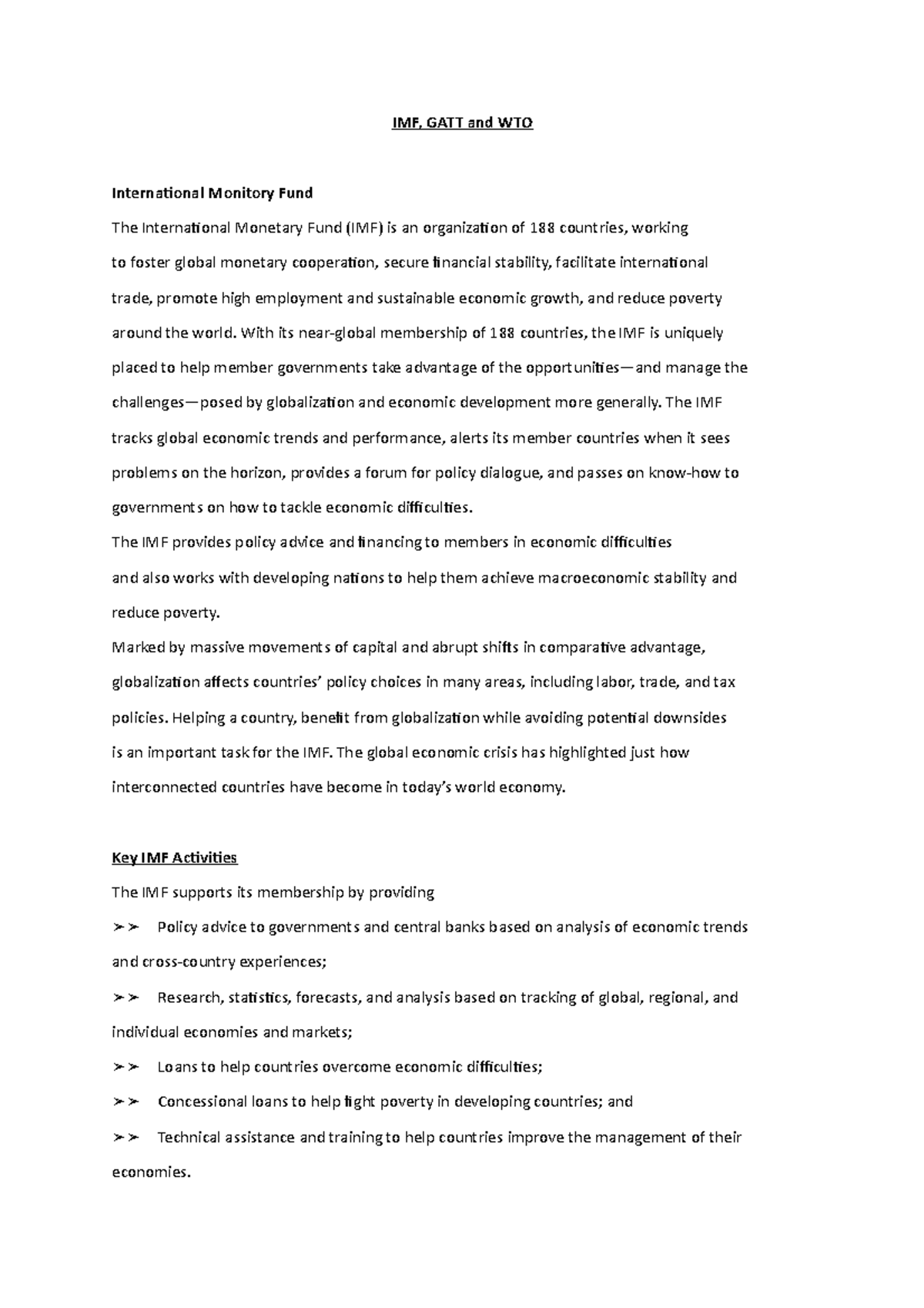 Gfm 4 - Shortest note - IMF, GATT and WTO International Monitory Fund ...