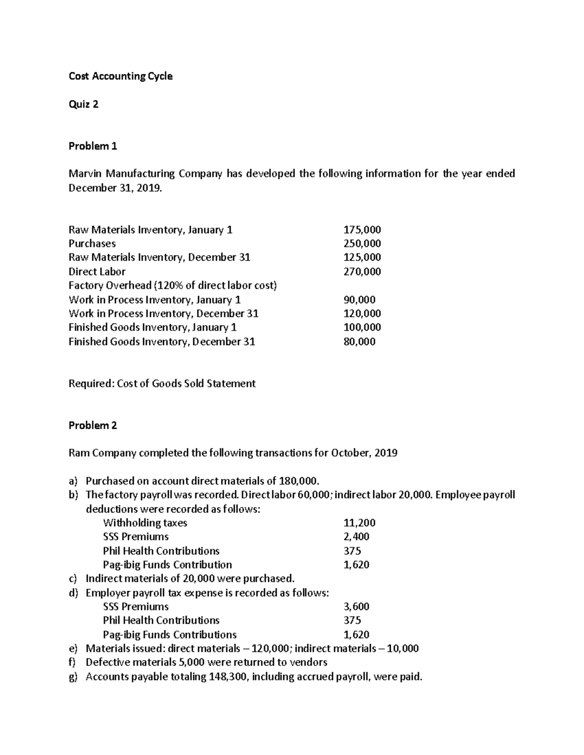 -Template- Cost Accounting Cycle - Quiz 2 - Cost Accou nting Cycle Quiz ...