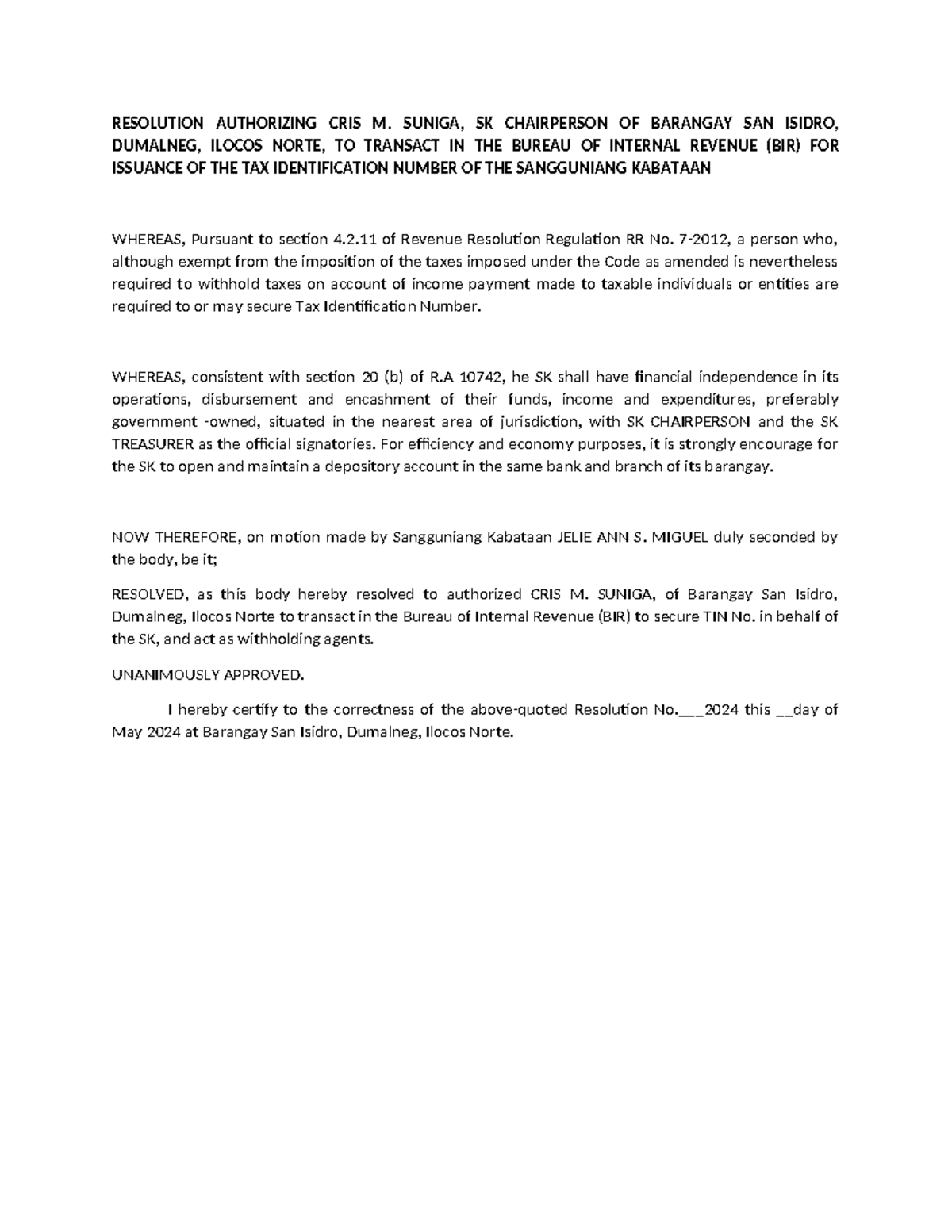 Resolution Authorizing CRIS M - RESOLUTION AUTHORIZING CRIS M. SUNIGA ...