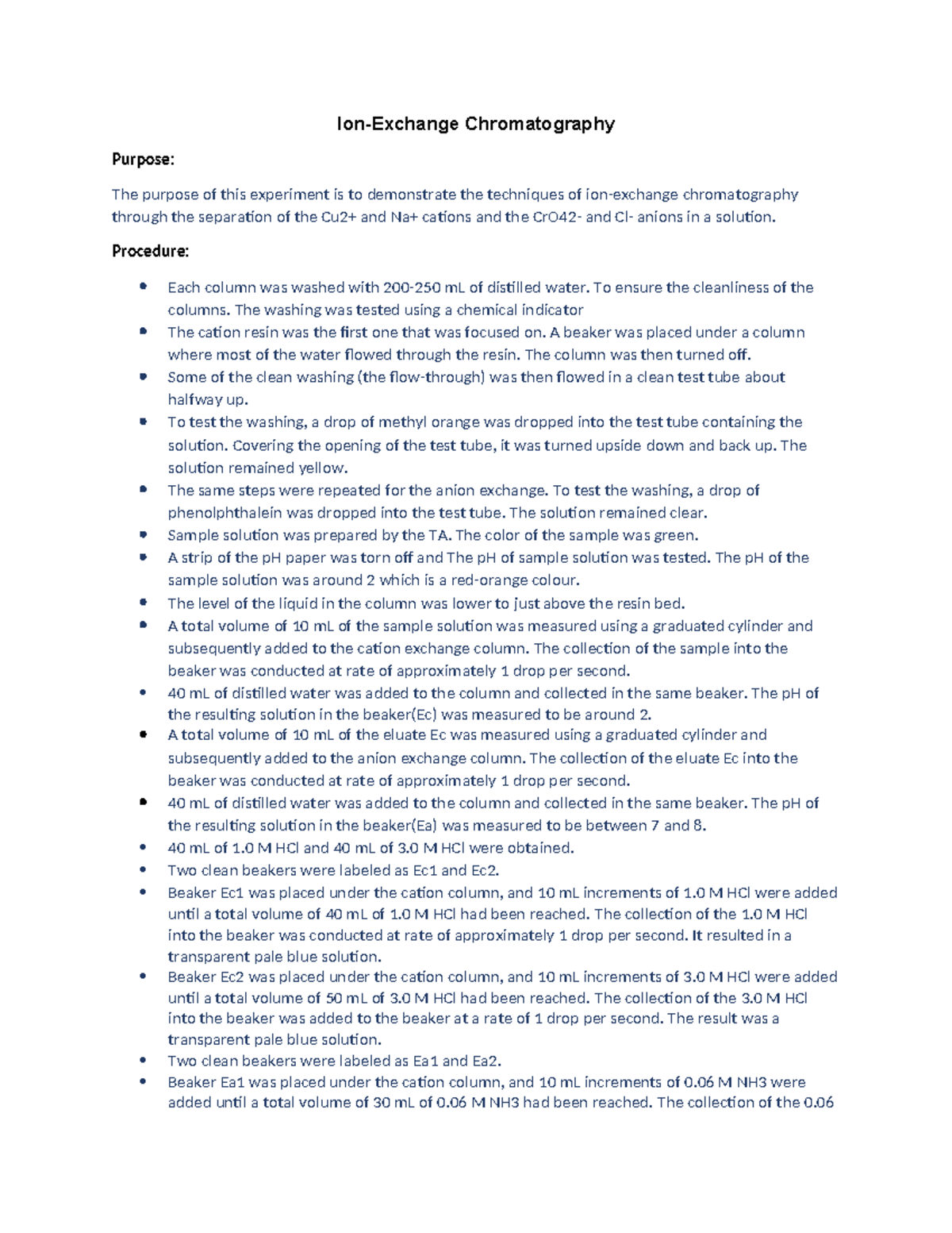 G lab report chem 1001 - Ion-Exchange Chromatography Purpose: The ...