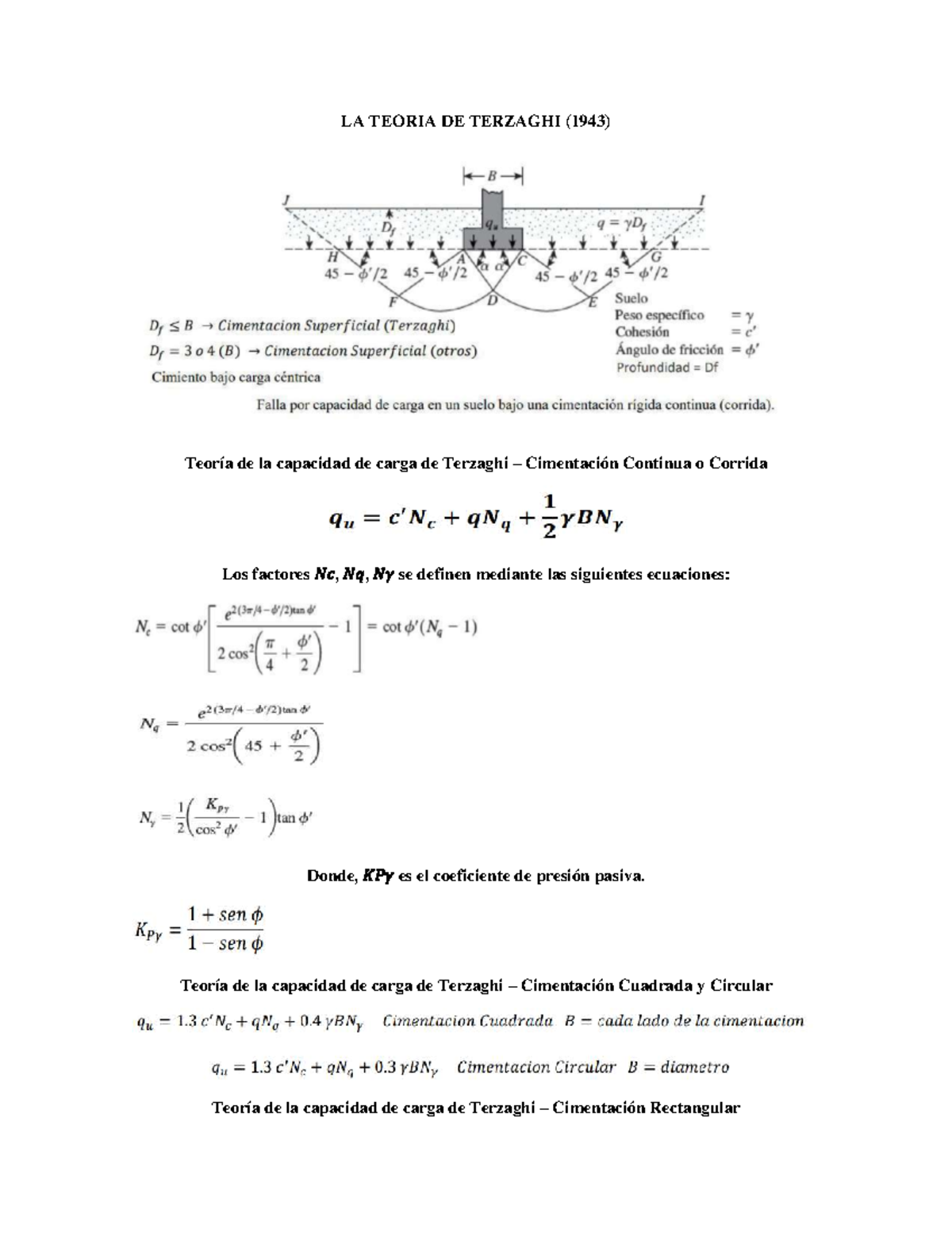 Formulas geo - LA TEORIA DE TERZAGHI (1943) Teoría de la capacidad de ...