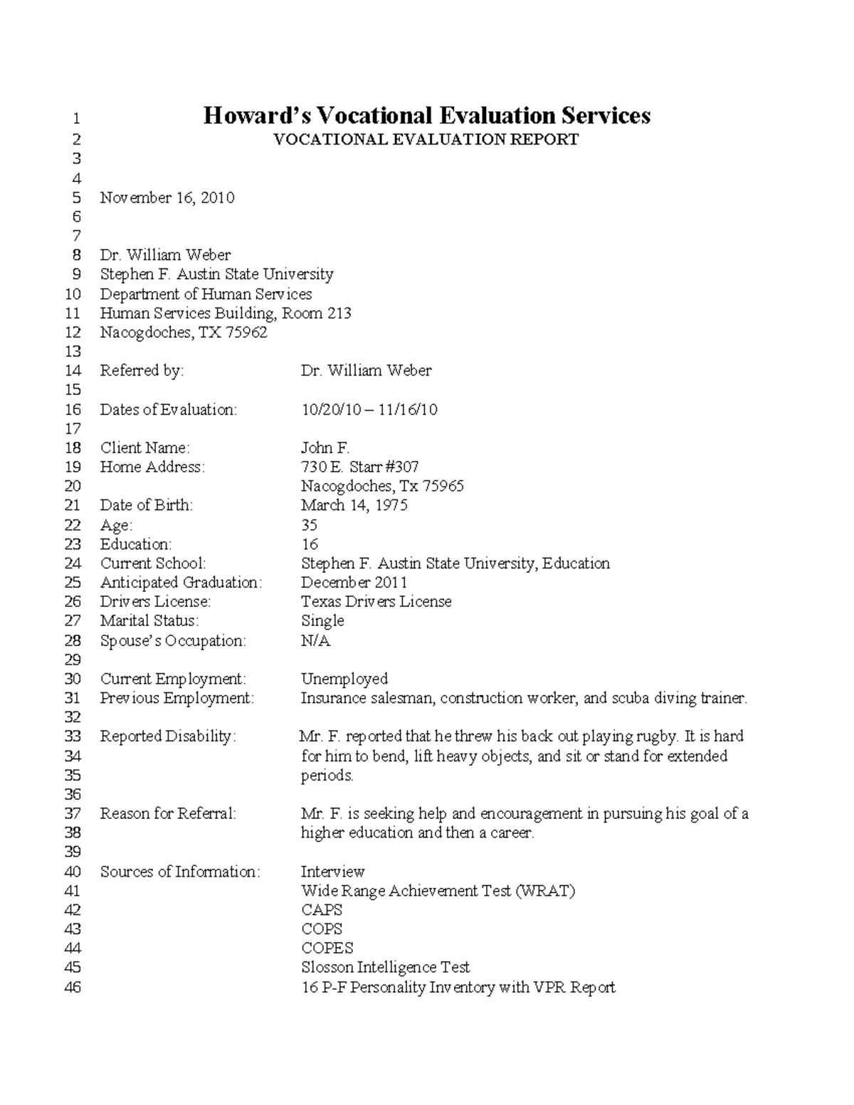 Sample Evaluation - Howard’s Vocational Evaluation Services VOCATIONAL ...