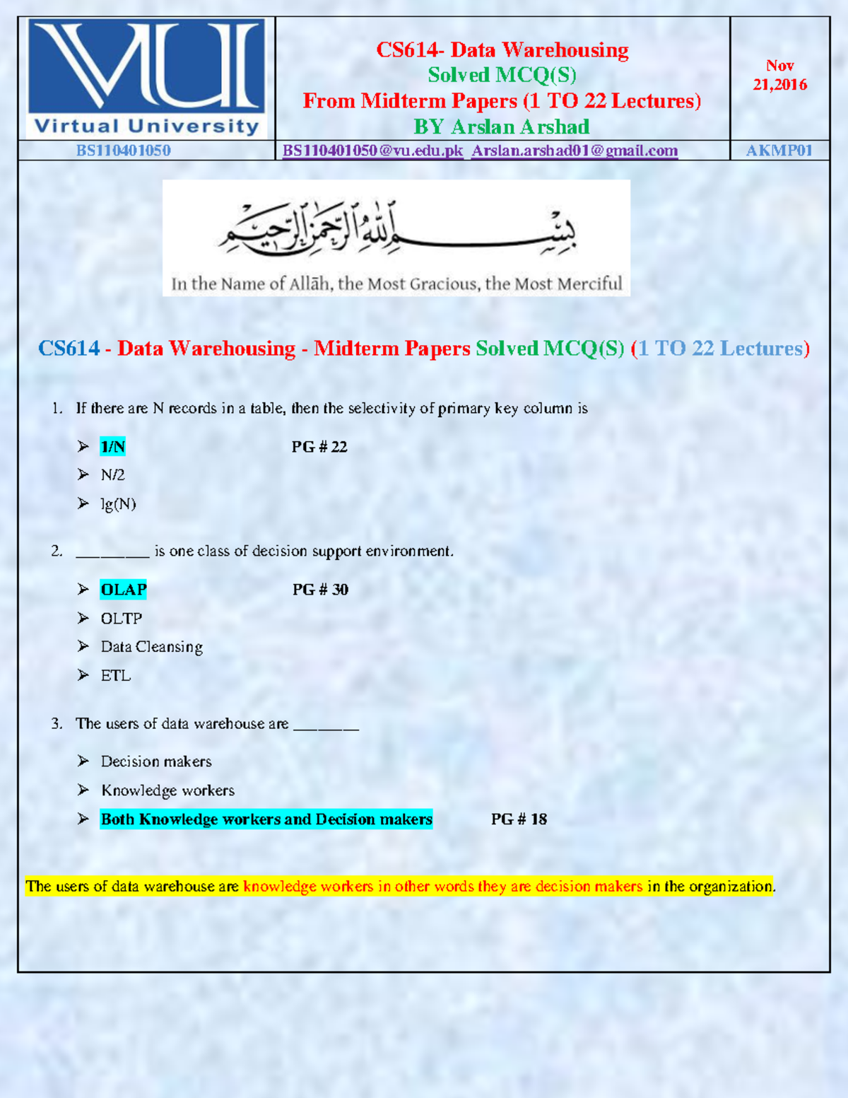 Cs614mid Term Mcqs With Refrence Solved By Arslan Arshad Zain Cs614 Data Warehousing Solved