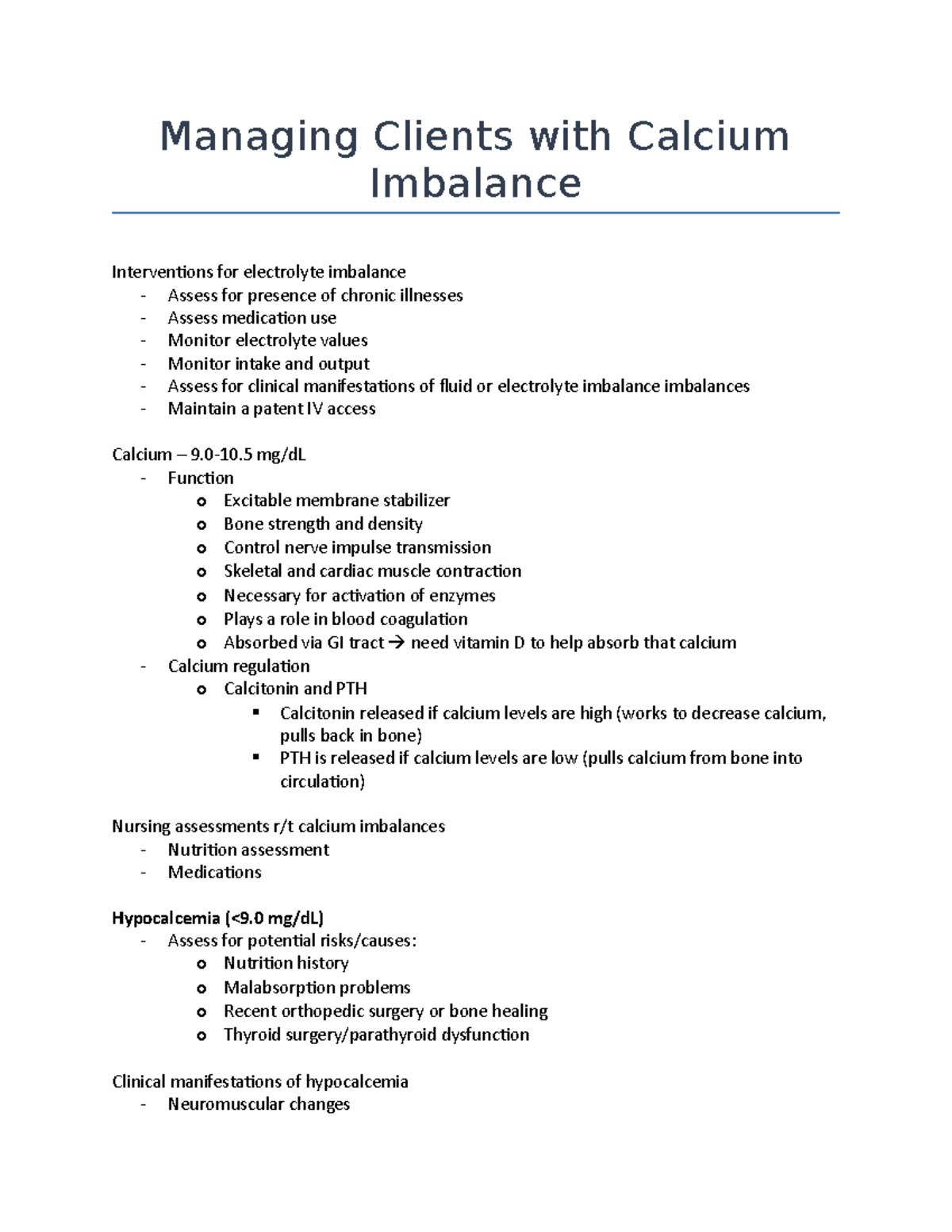 Unit 1 - Outline 2 - Musculoskeletal - Managing Clients with Calcium ...