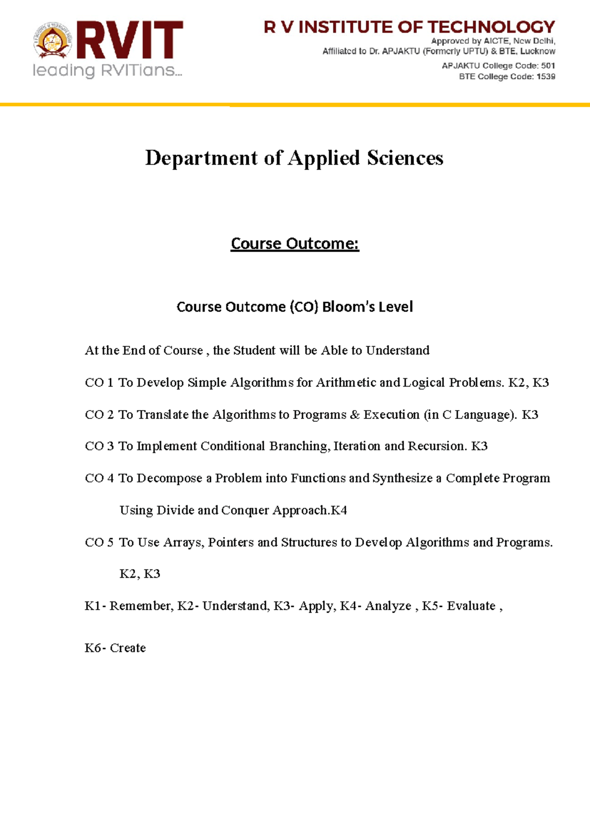 8. Course Outcome - Department of Applied Sciences Course Outcome ...