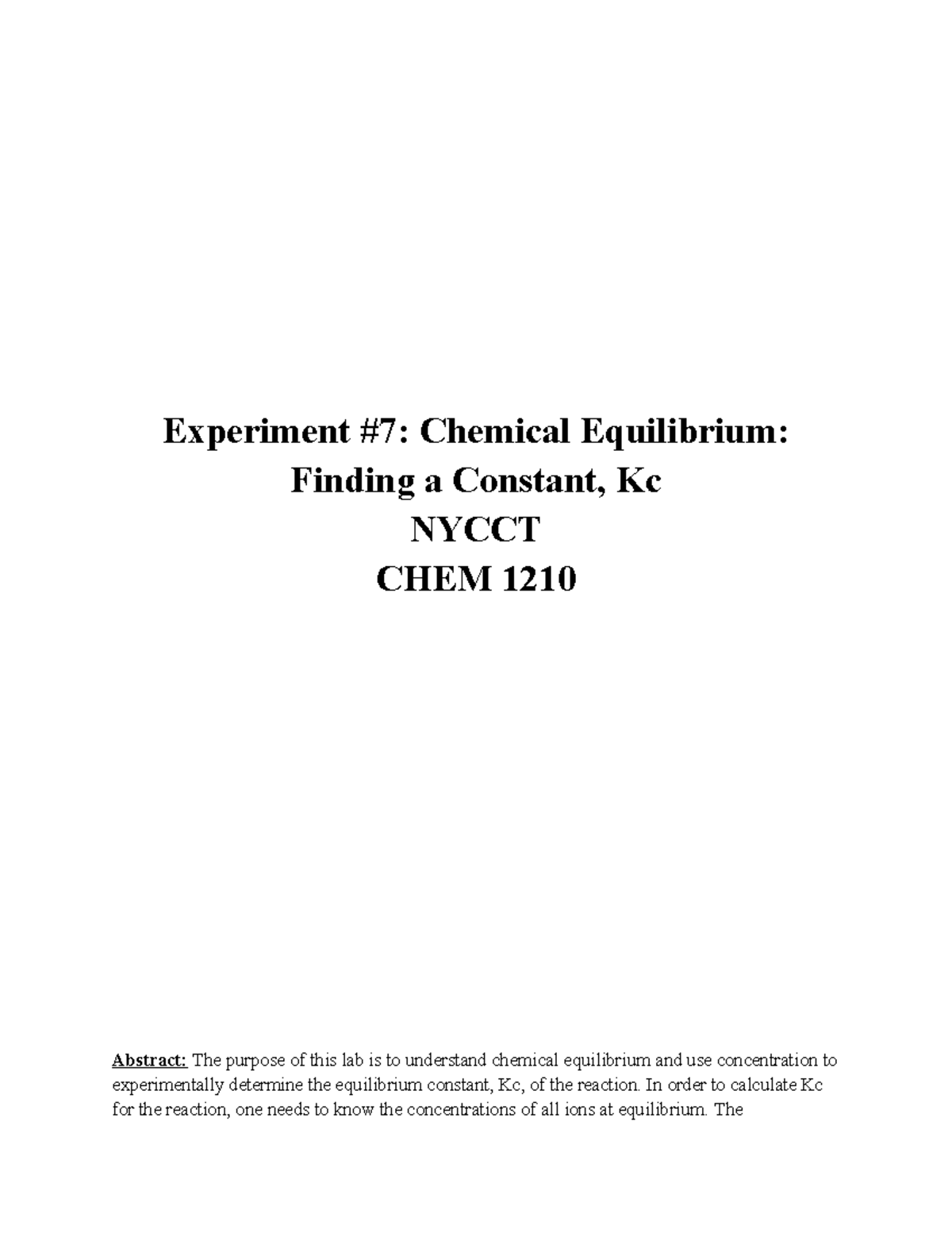 Chemistry 1210 Lab 7 - Experiment #7: Chemical Equilibrium: Finding a ...