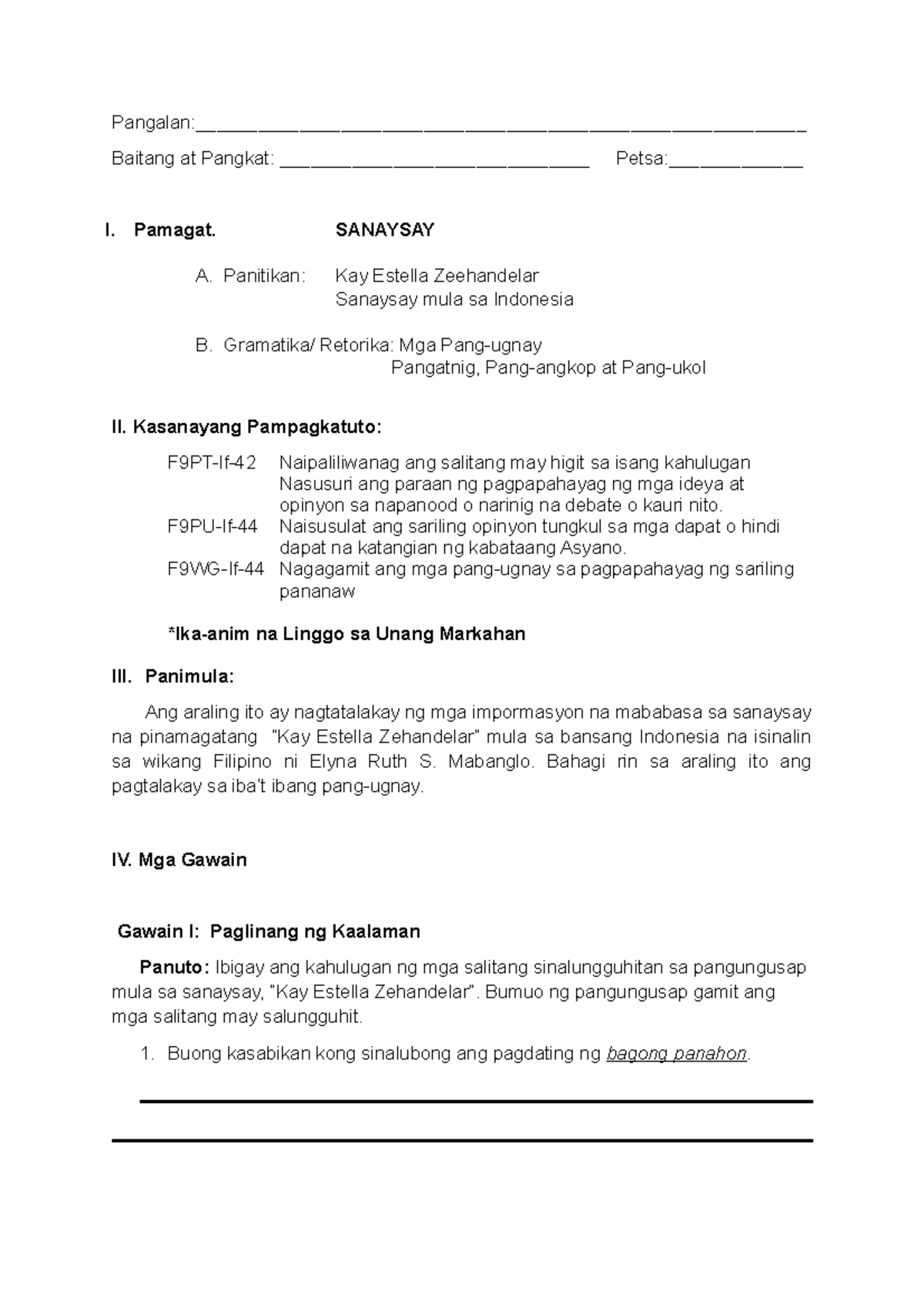 Filipino 9 Learning Activity Sheet Studocu