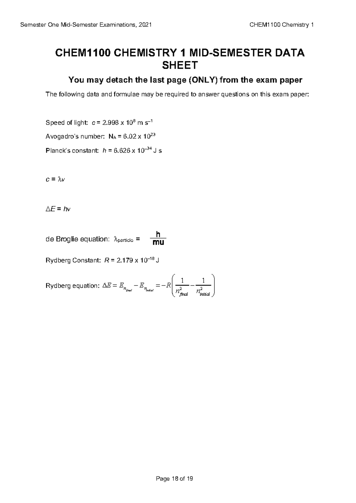 Chem Formula Sheet - Semester One Mid-Semester Examinations, 2021 ...