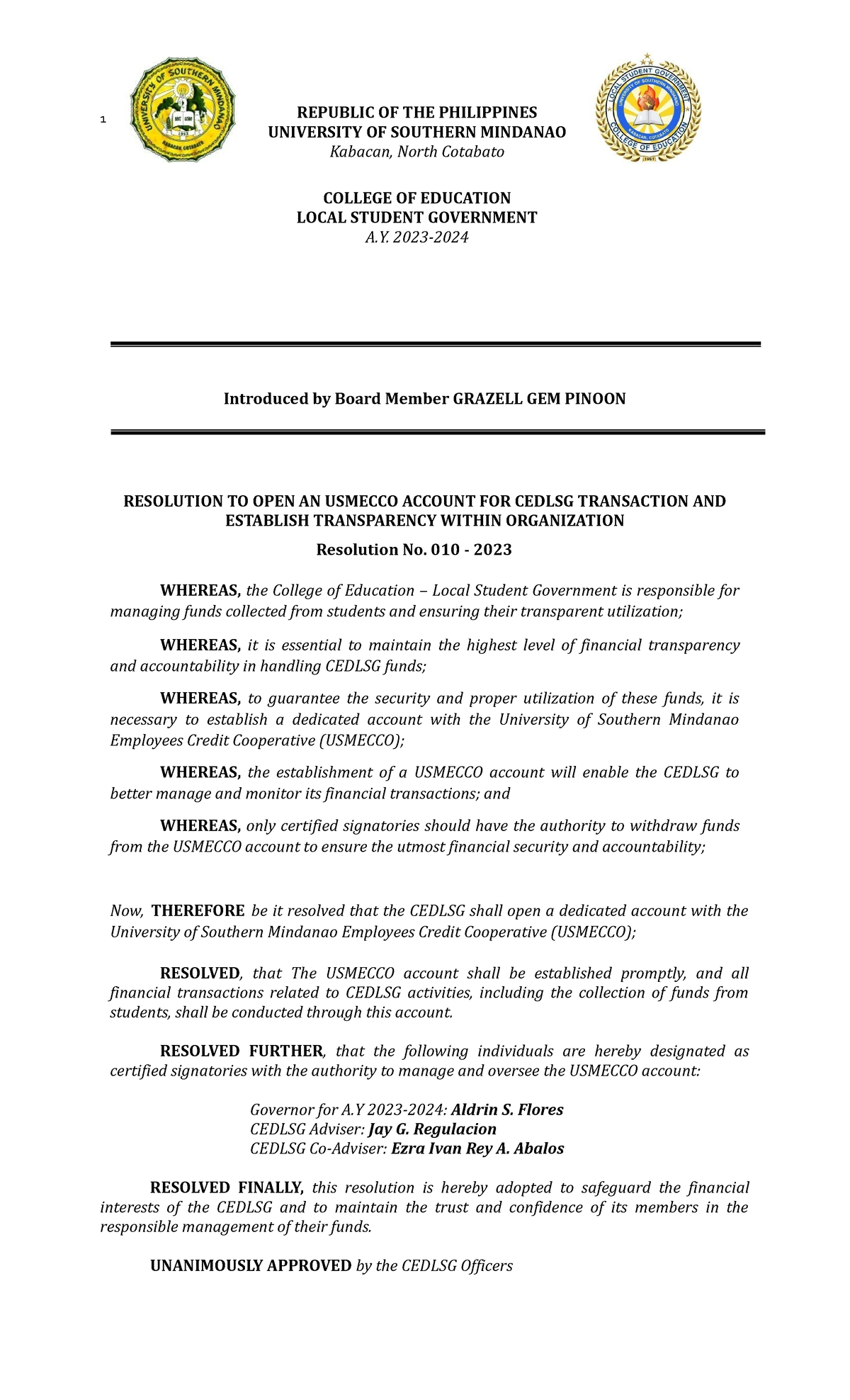 Resolution-007- Coeohse - 1 Introduced by Board Member GRAZELL GEM ...