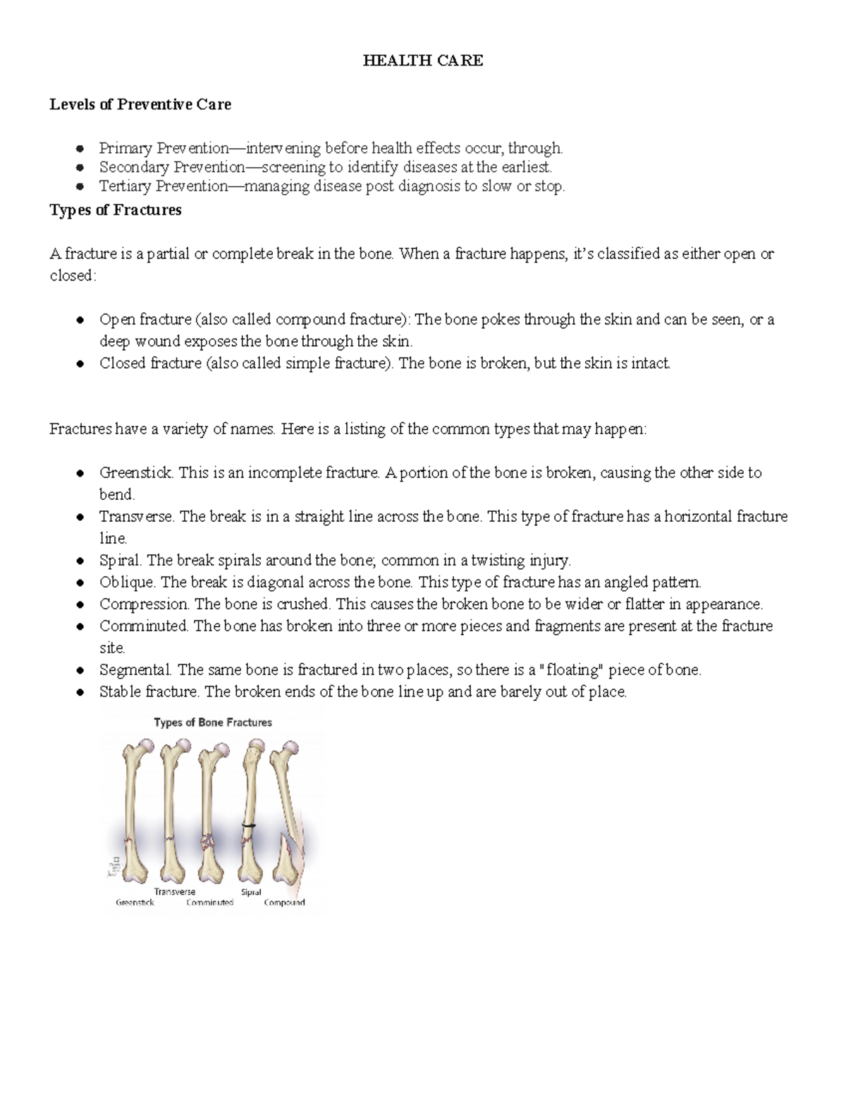 Health CARE Notes - HEALTH CARE Levels of Preventive Care Primary ...