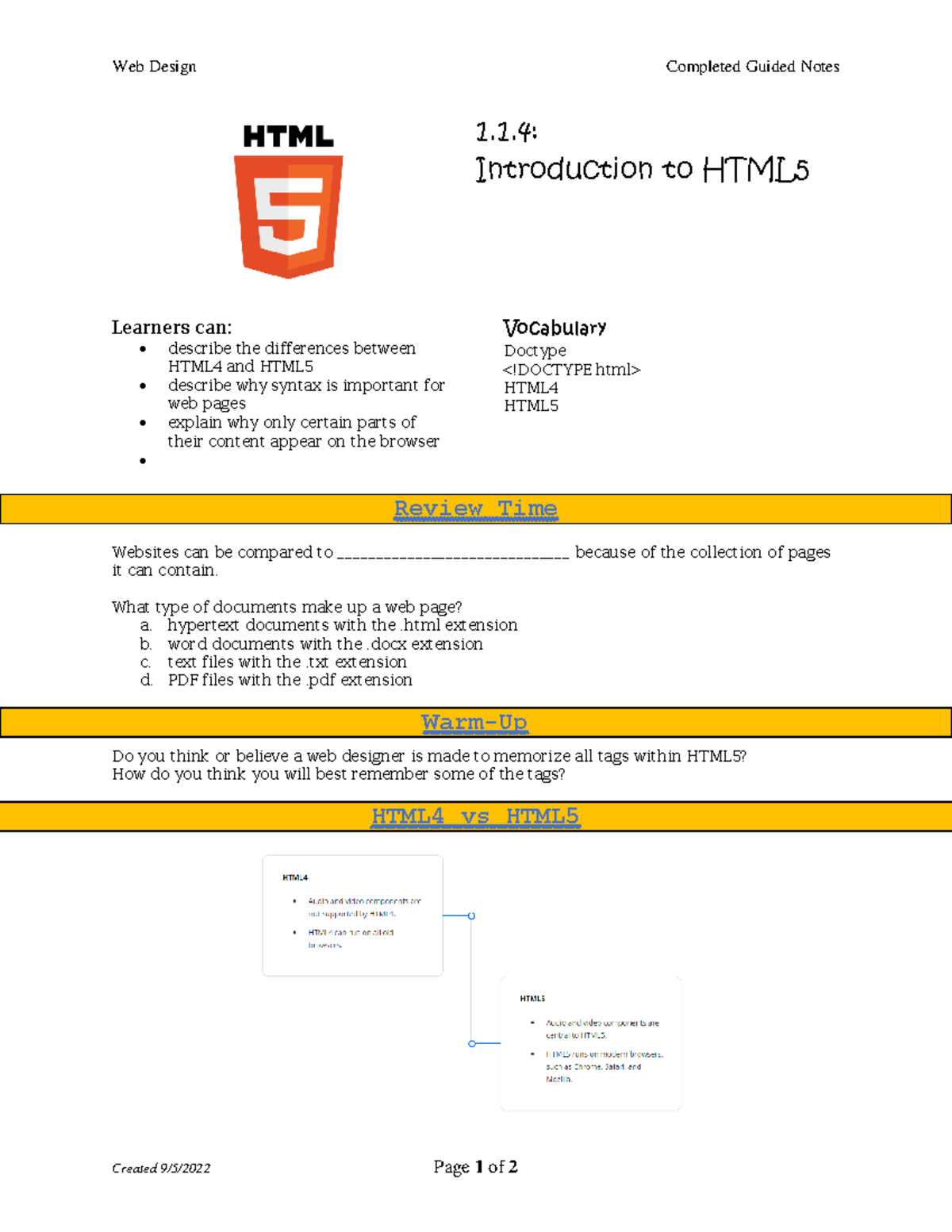 1.1.4 Introduction to HTML - Web Design Completed Guided Notes Created ...