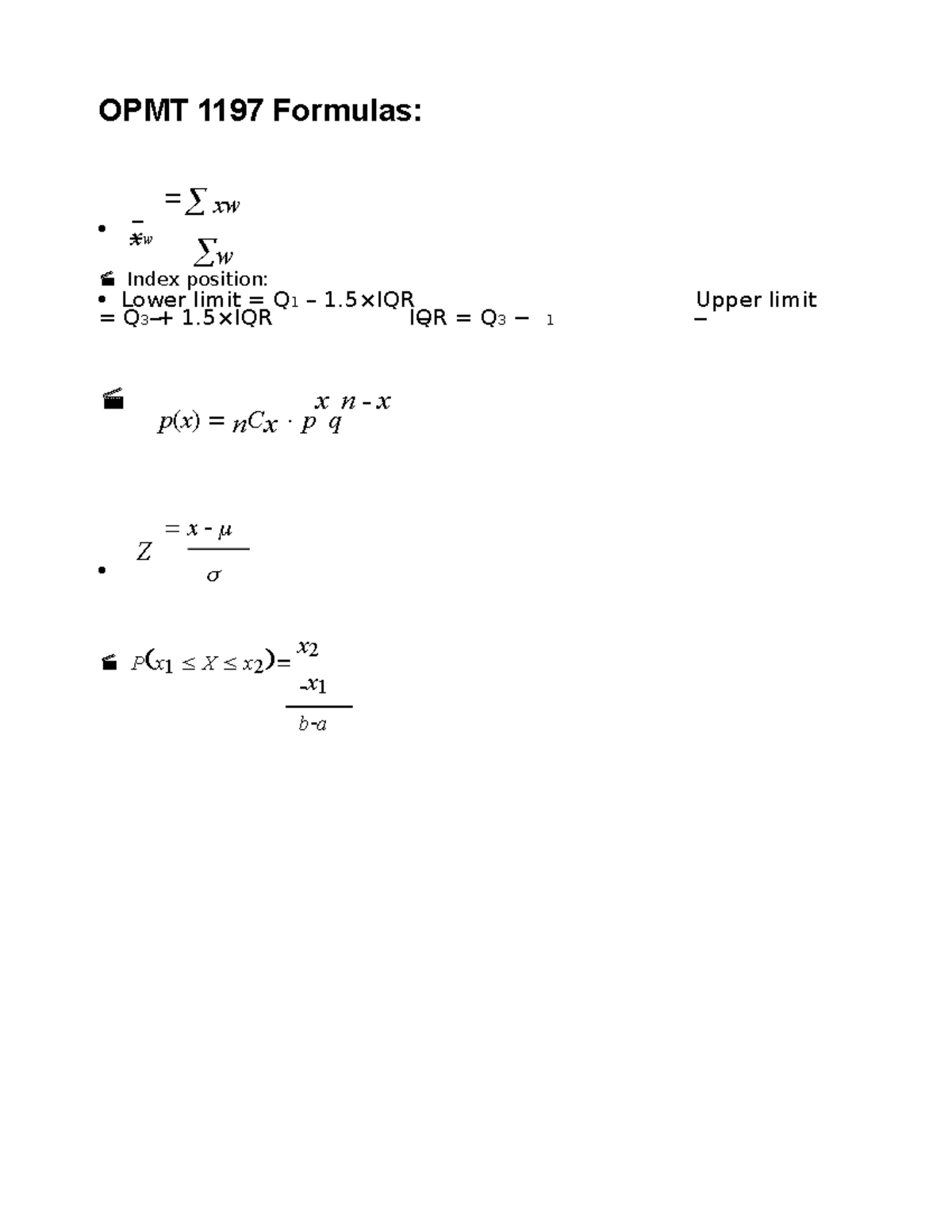 Tables-2 - table - OPMT 1197 Formulas: xw xw w Index position: Lower ...
