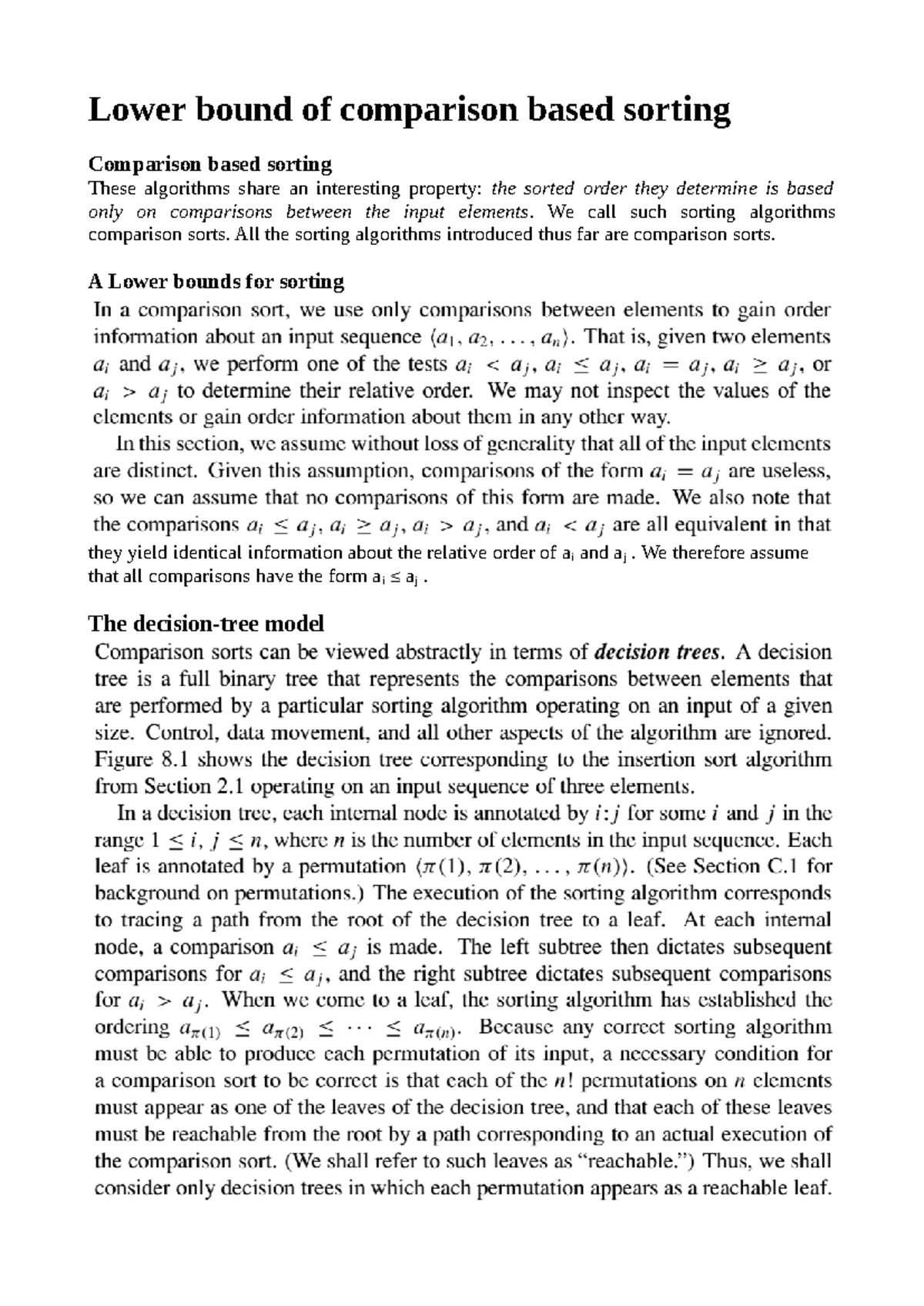 Unit1 Lower bound of comparison based sorting KCS503 - Lower bound of comparison based sorting ...