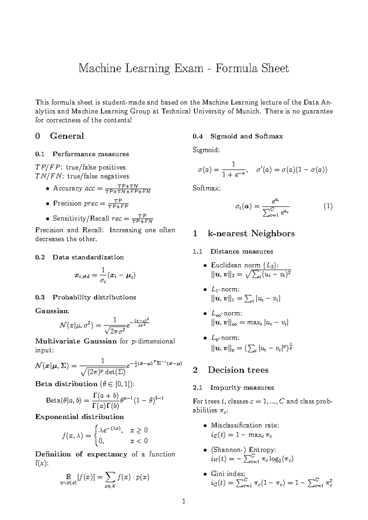 Machine Learning - exam summary cheat sheet - Machine Learning Exam ...