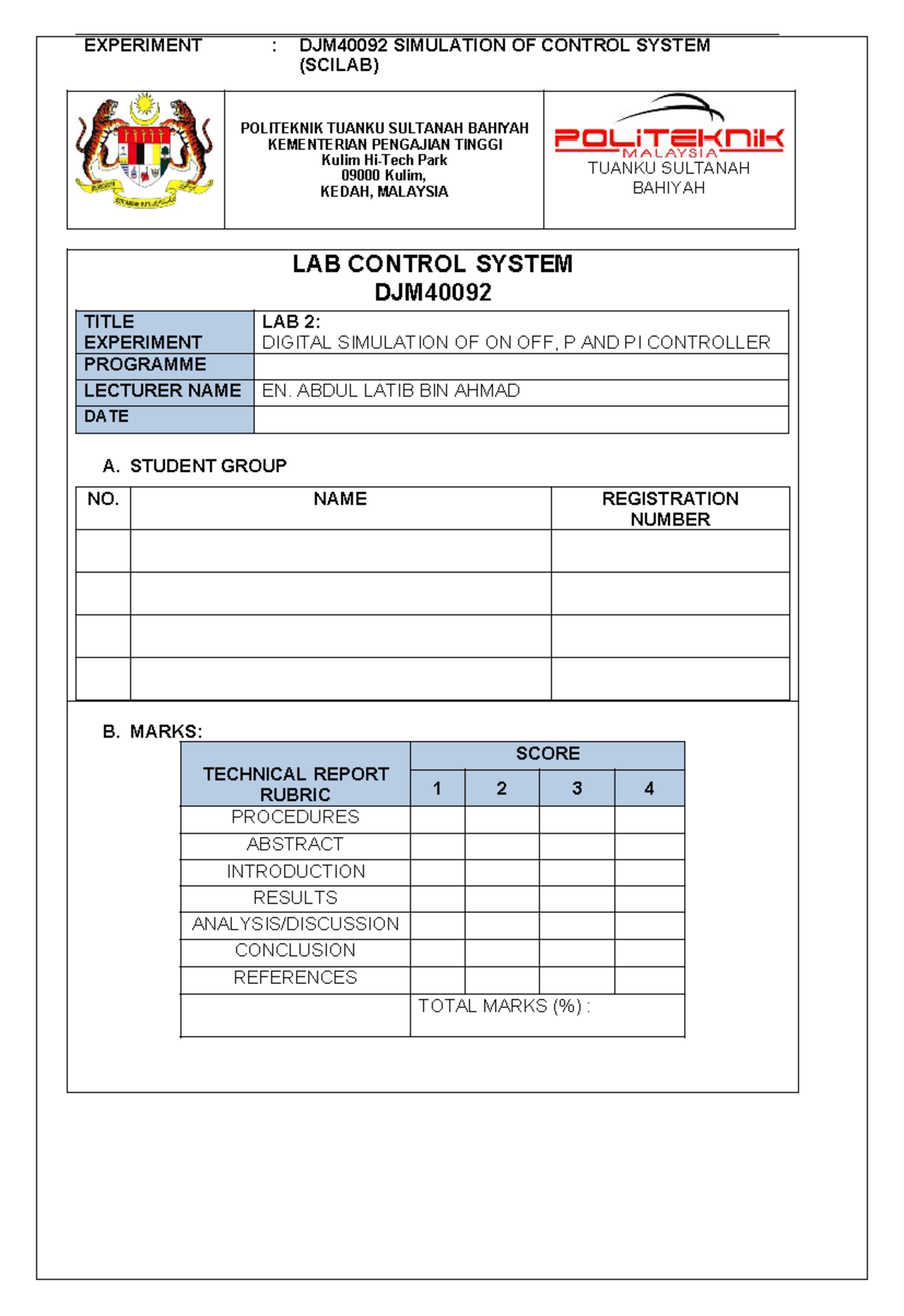 LAB 2 P AND PI IN Control System DJM40092 PTSB - POLITEKNIK TUANKU ...