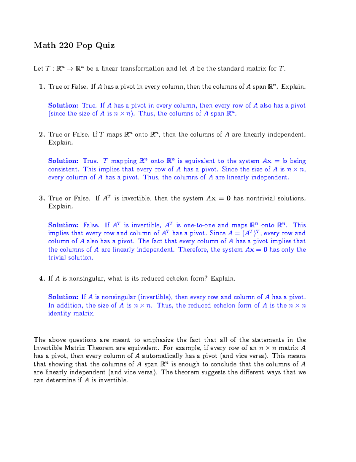 Lecture notes, lecture 2 - Math 220 Pop Quiz LetT:Rn→Rnbe a linear ...