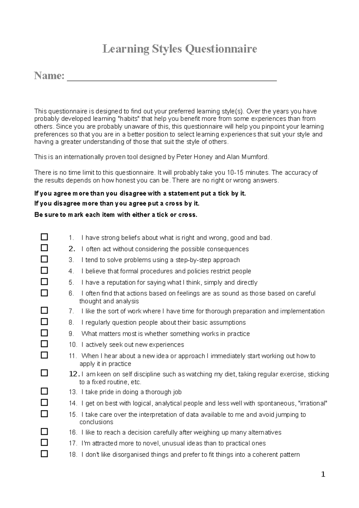 Honey and Mumford questionnaire 10092 - Learning Styles Questionnaire ...