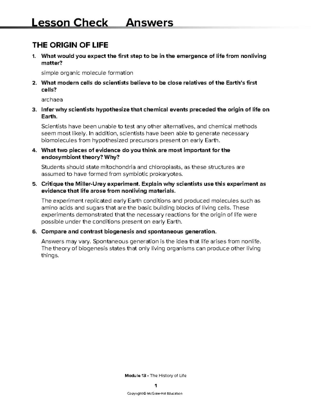 Lesson+Check+Answer+Key The+Origin+of+Life - Copyright © McGraw-Hill ...
