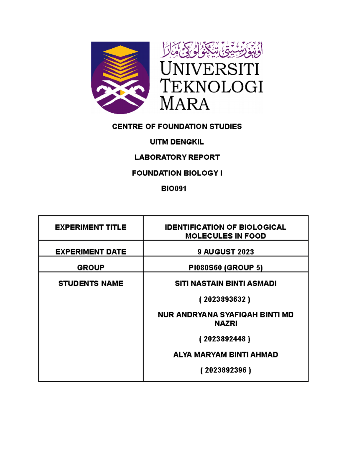 lab experiment 1 - CENTRE OF FOUNDATION STUDIES UITM DENGKIL LABORATORY REPORT FOUNDATION ...