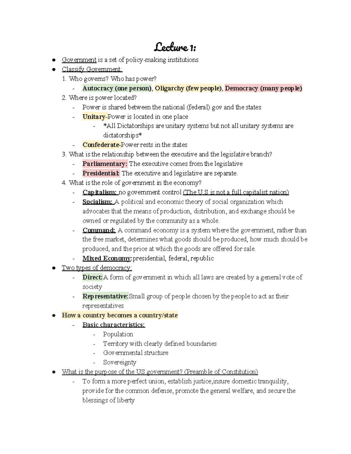 American Gov notes - Lecture 1: Government is a set of policy-making ...