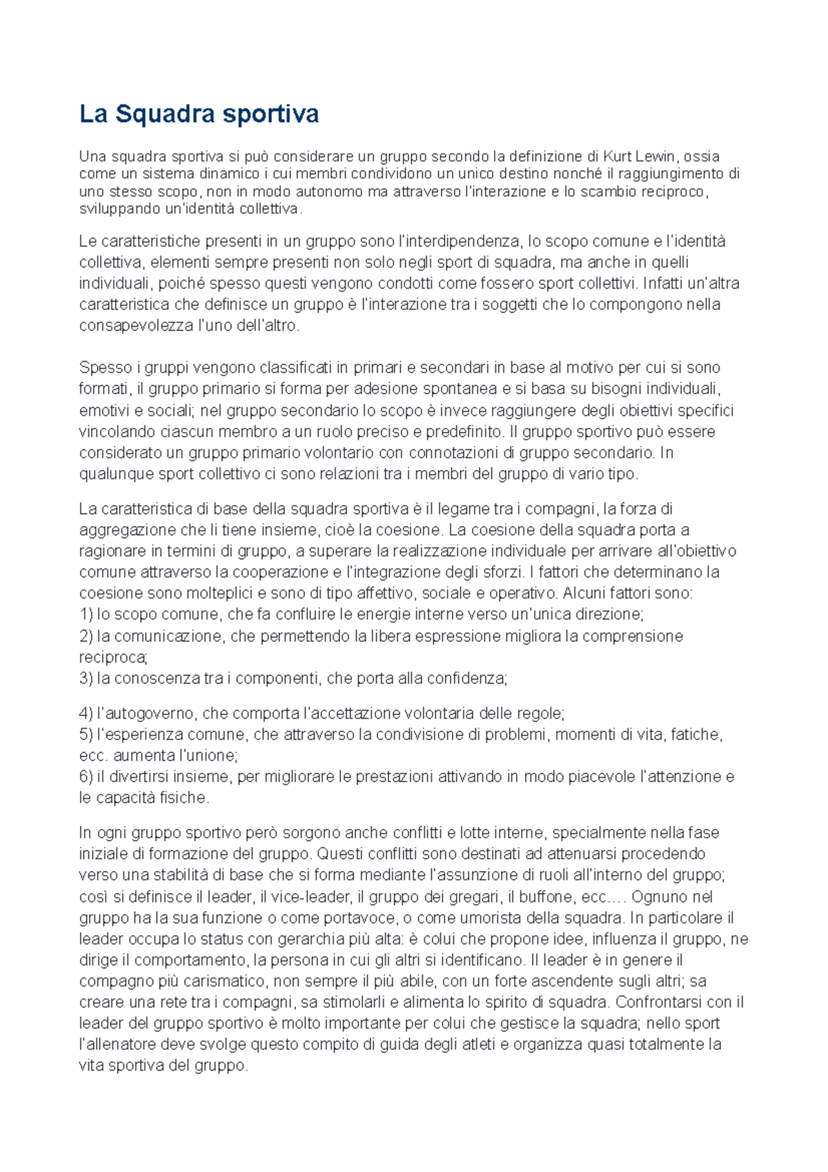 La squadra sportiva - Appunti - La Squadra sportiva Una squadra ...