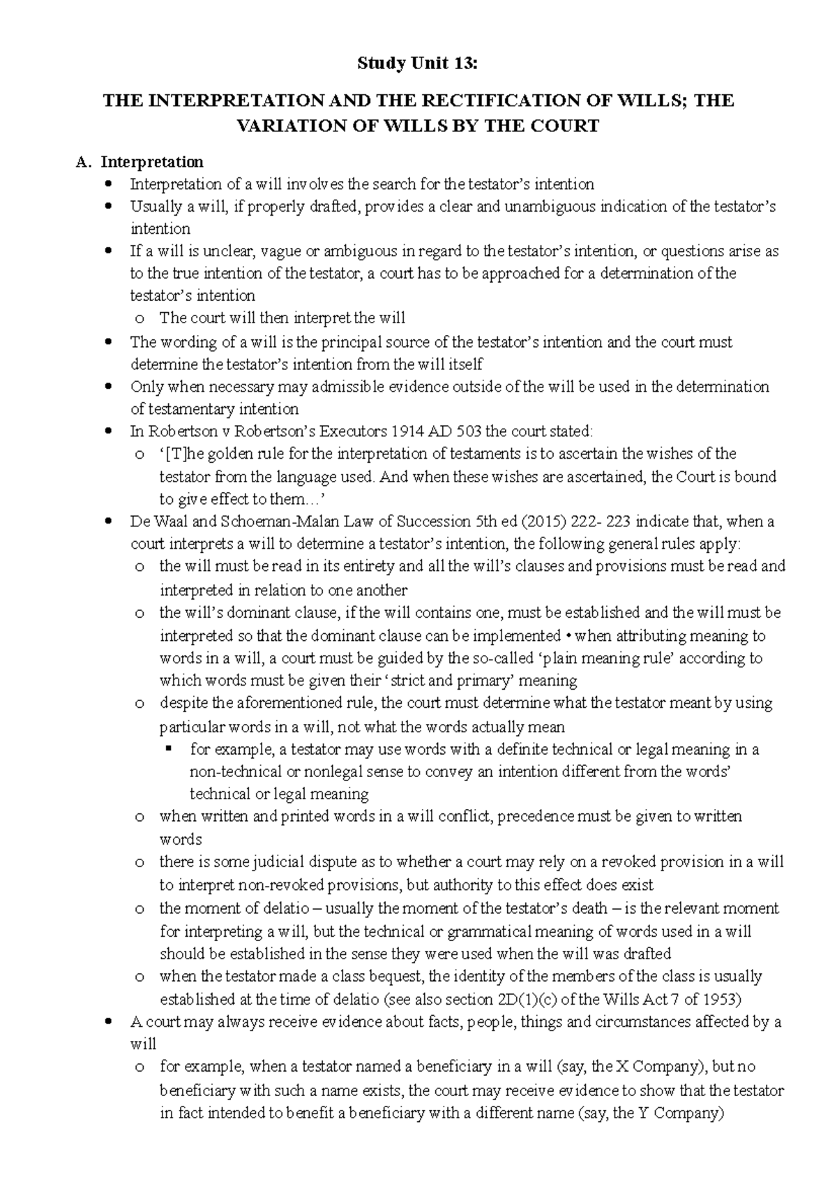 SUC Study Unit 13 - Study Unit 13: THE INTERPRETATION AND THE RECTIFICATION OF WILLS; THE ...