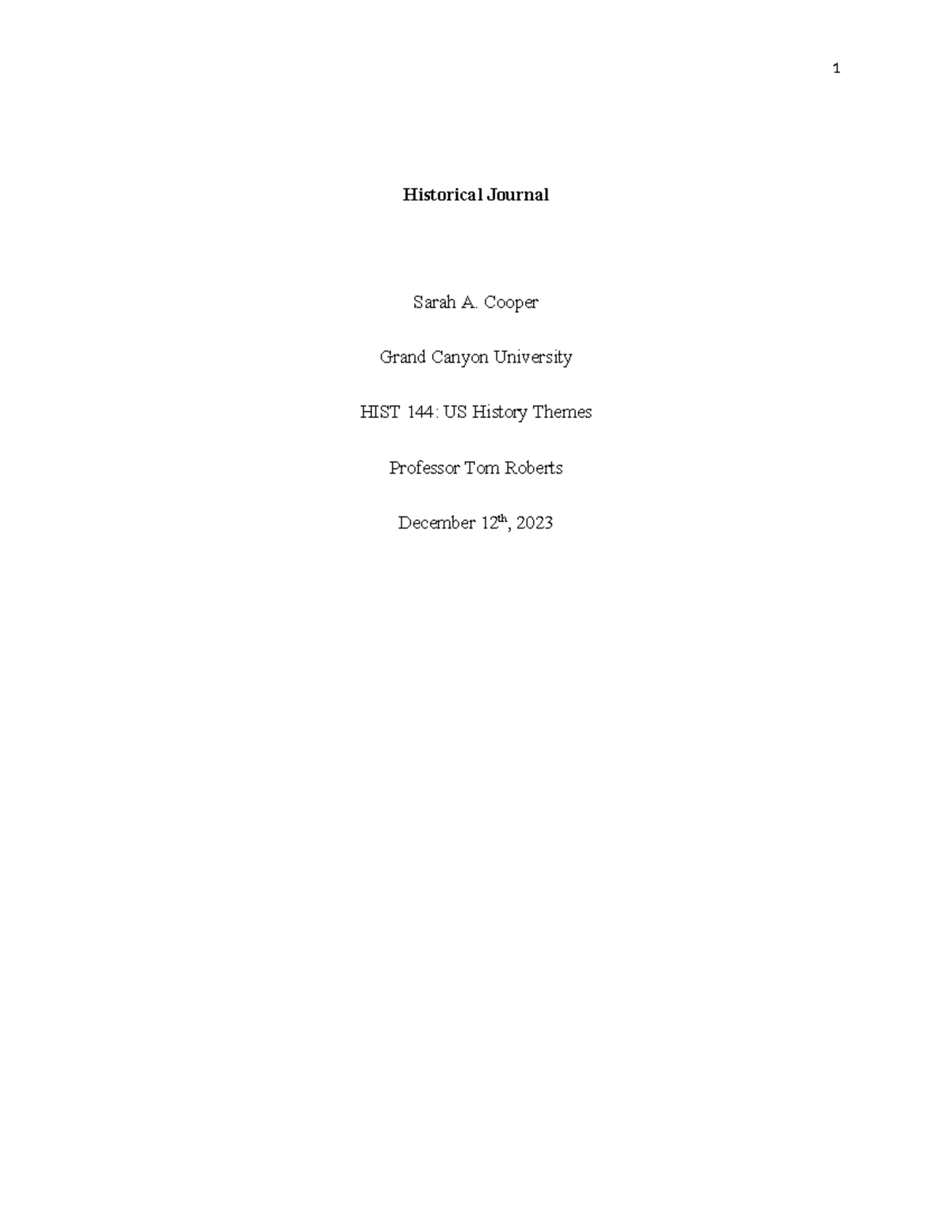 HIST-144 Journal 1 - assignment week 1 - Historical Journal Sarah A ...