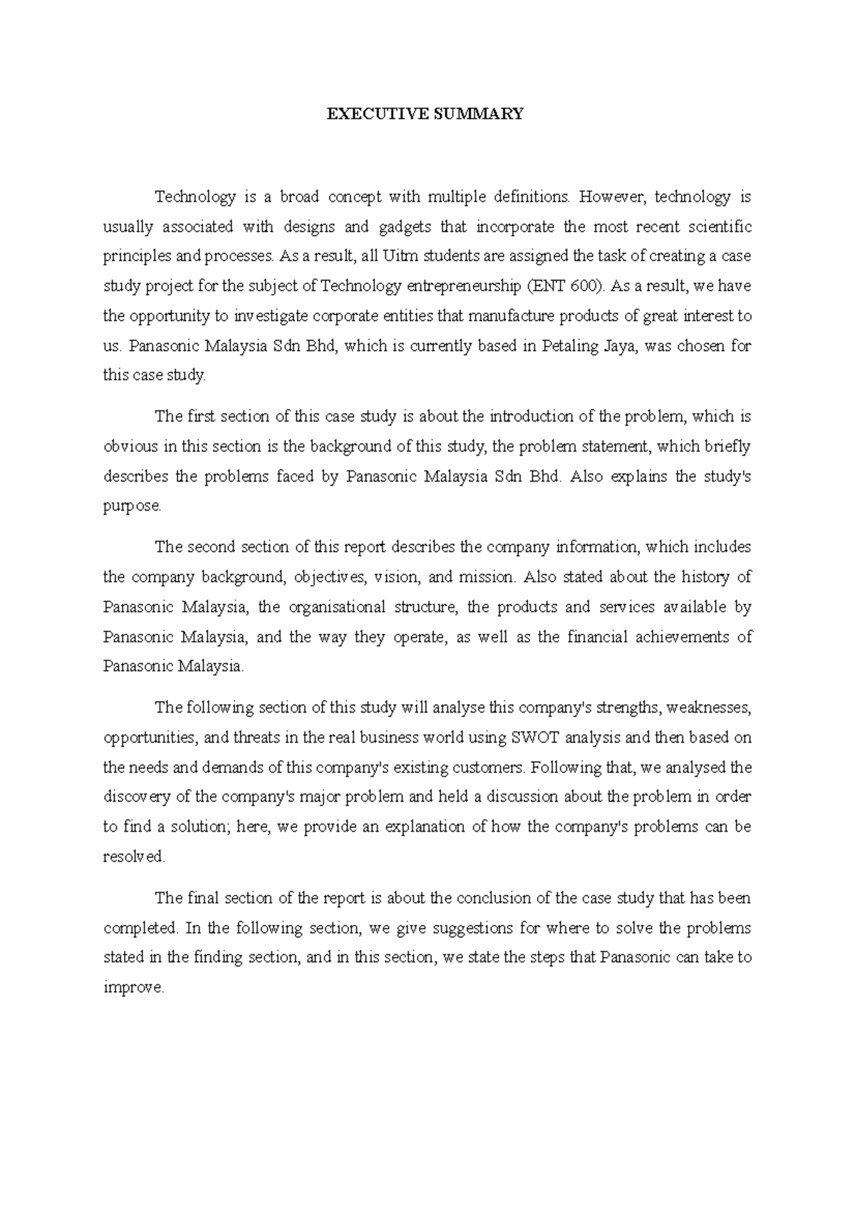 NEW PRODUCT DEVELOPMENT Company Analysis Executive Summary - EXECUTIVE ...