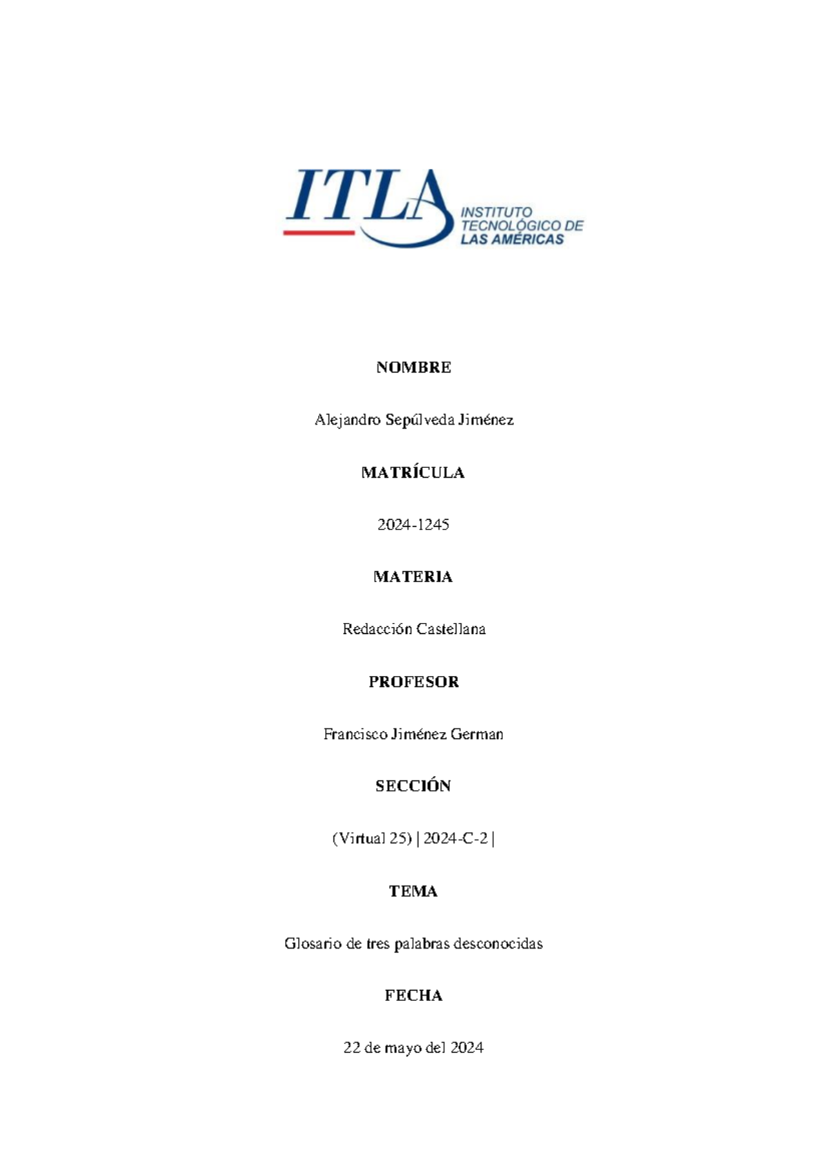 Glosario palabras desconocidas - Redaccion Castellana - NOMBRE ...