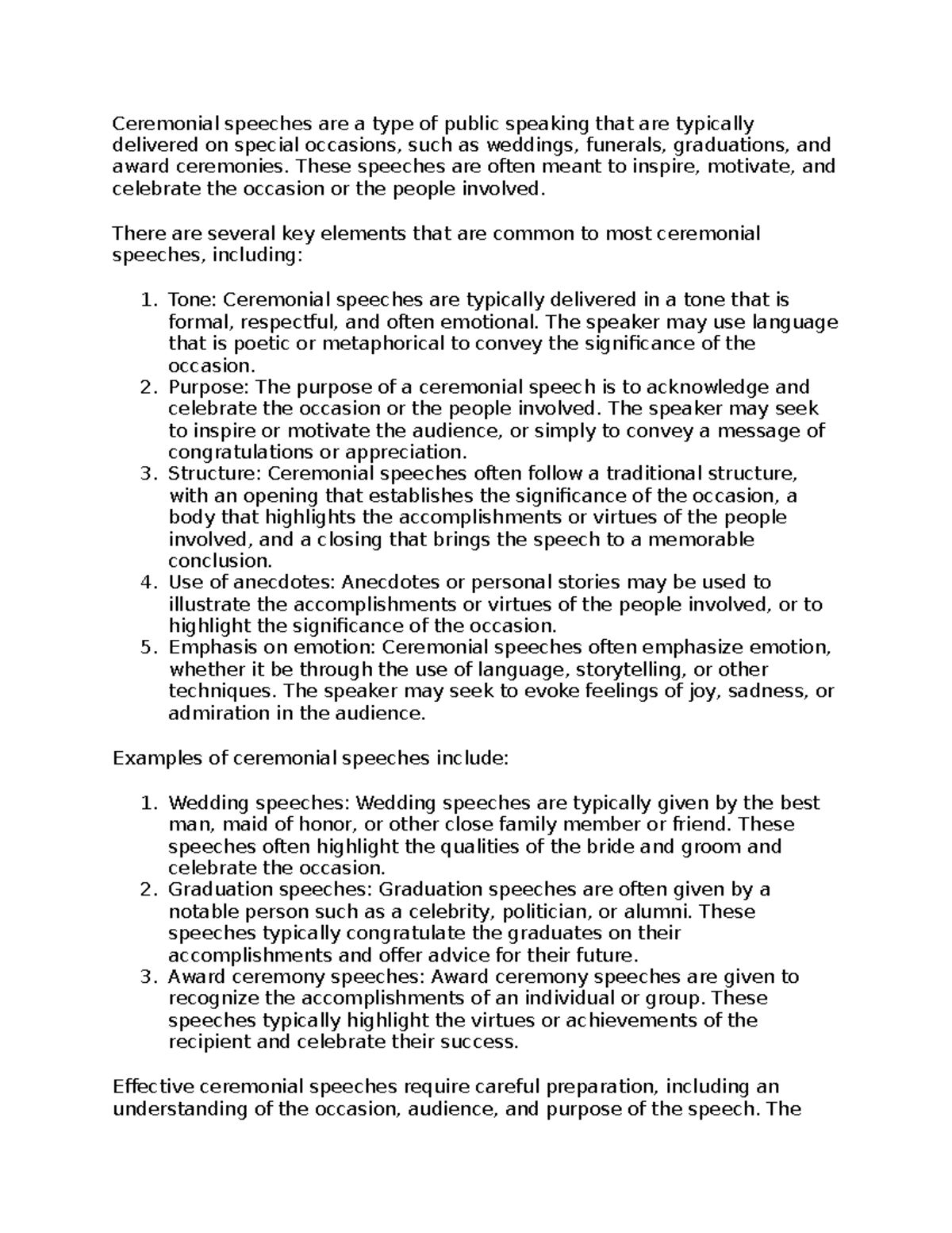 Ceremonial Speeches - These speeches are often meant to inspire ...