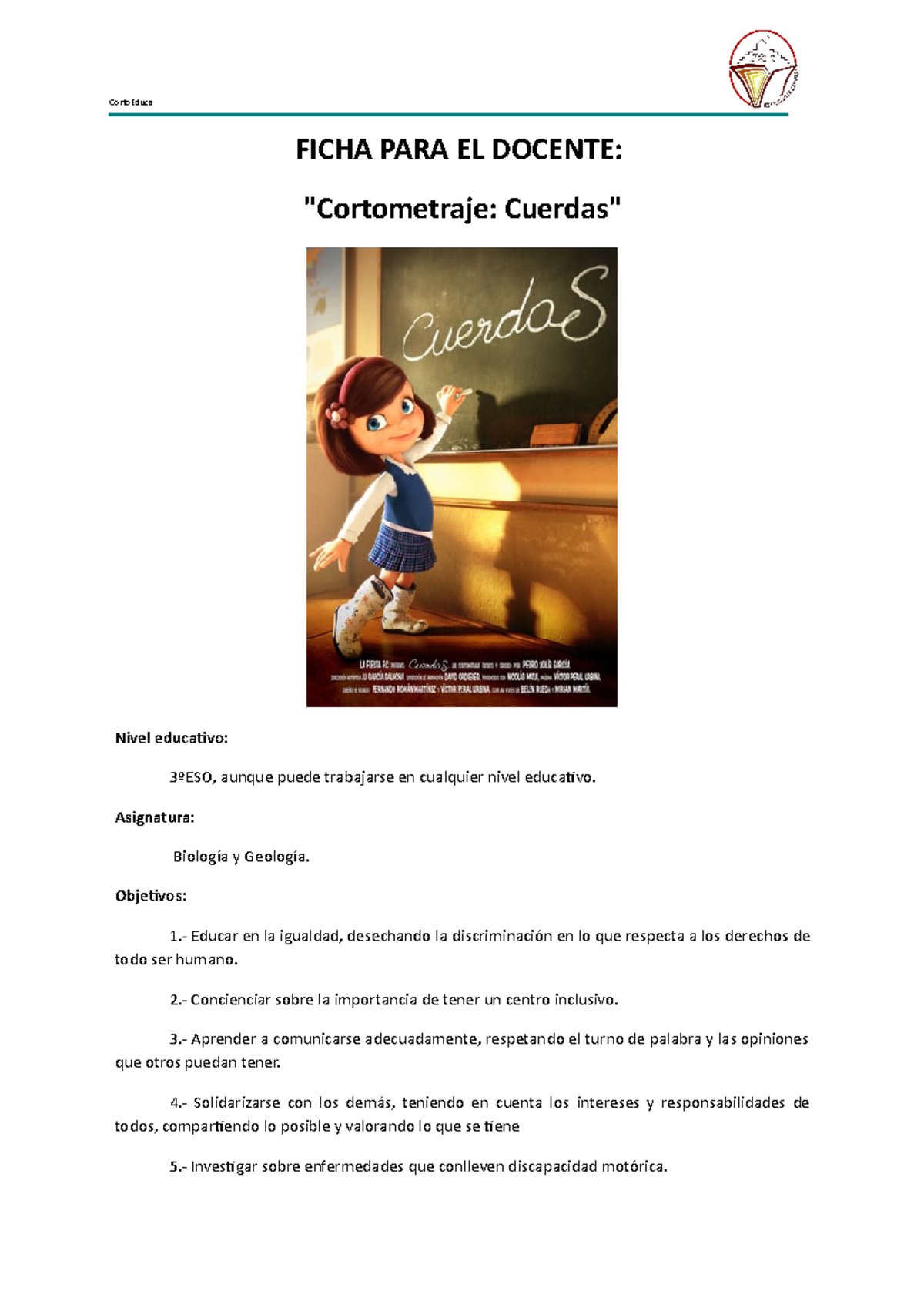 Cuerdas - corto - FICHA PARA EL DOCENTE: "Cortometraje: Cuerdas" Nivel ...