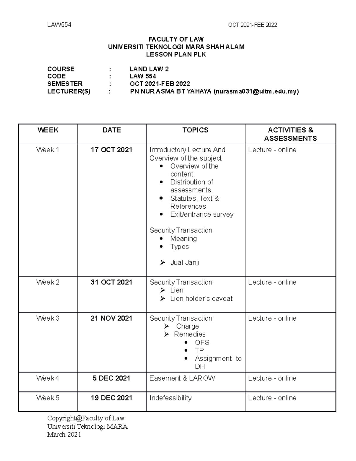 Land Law Lesson PLAN LAW554 October 2021 - LAW554 OCT 2021-FEB 2022 ...