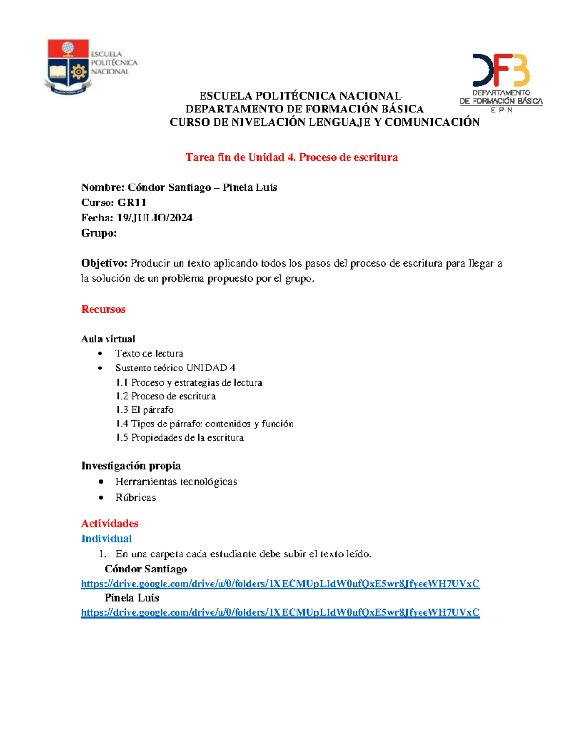 Taraea de lenguaje y comunicación de la Tarea fin de unidad 4 de los cursos de nivelación ...