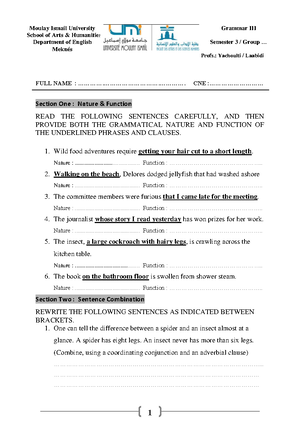 Grammar 3 Phrases Clauses and Sentences S3 - Moulay Ismail University ...