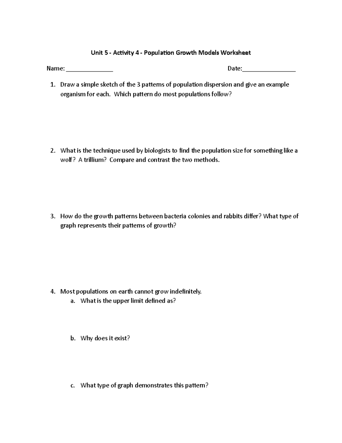 Population Growth Models Worksheet - Which pattern do most populations ...