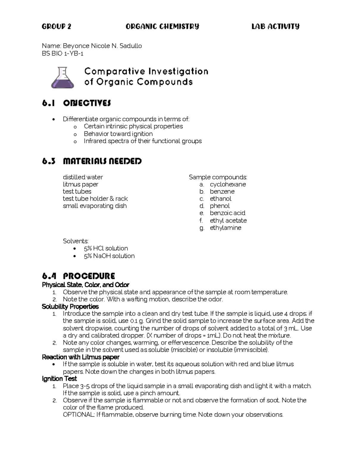 Org chem lab activity - GROUP 2 ORGANIC CHEMISTRY LAB ACTIVITY Name ...