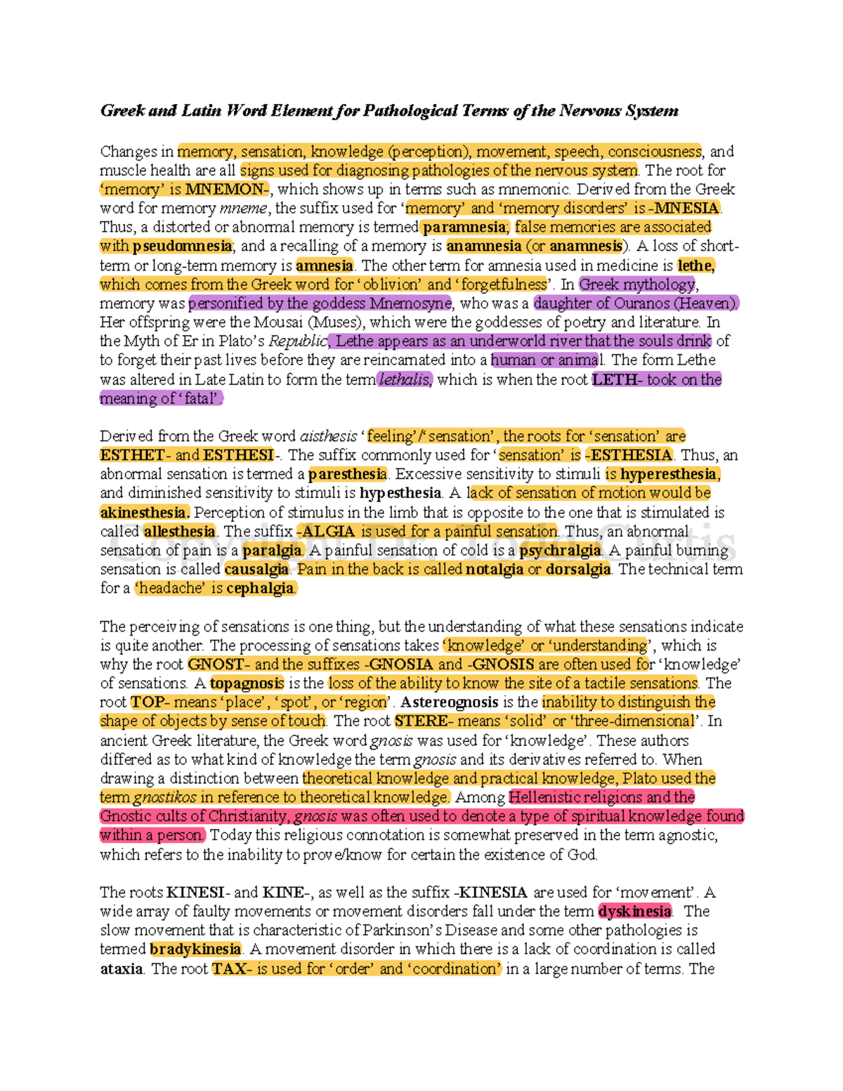 Ch. 10 Nervous System Pathological Terms - Greek and Latin Word Element ...
