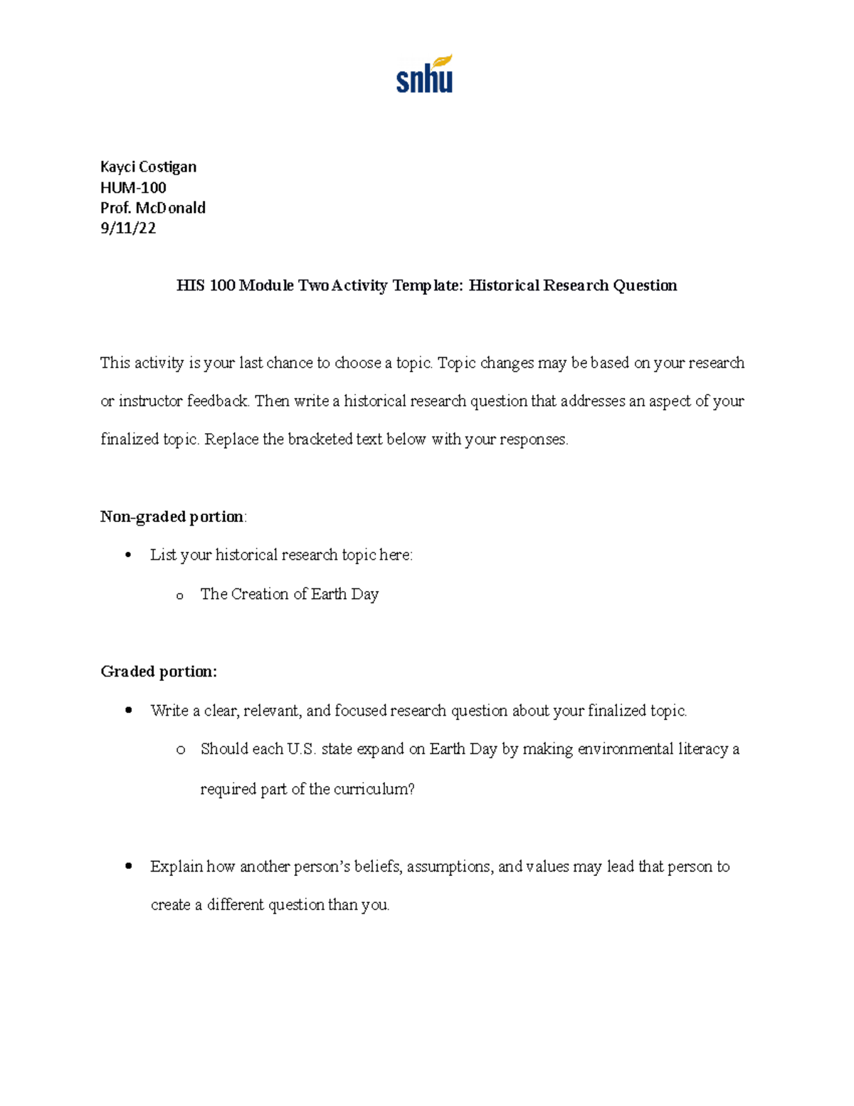 HIS 100 Module Two Activity Research Question Template - Kayci Costigan ...