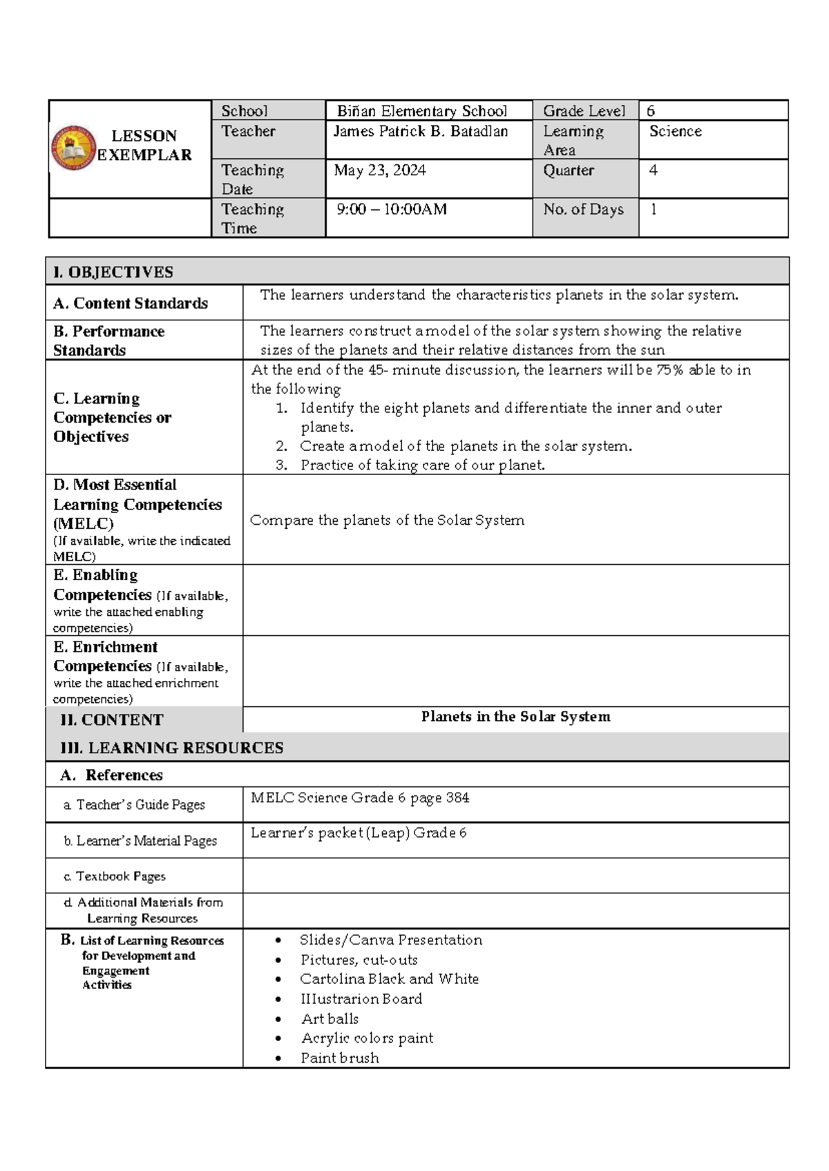 Lesson Plan, JP - OJT - Rating Sheet - LESSON EXEMPLAR School Biñan ...