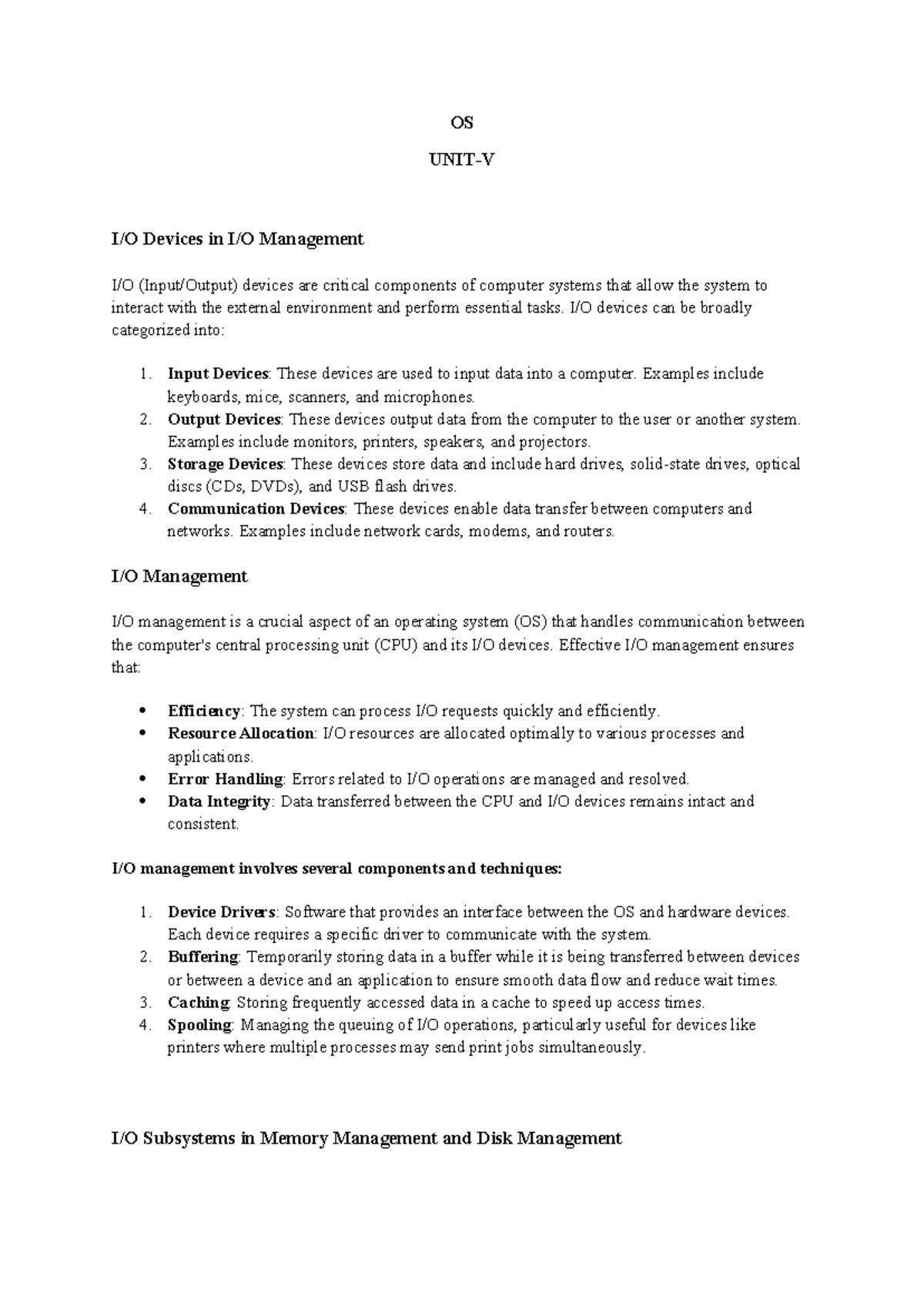 OS Unit-V - Os unit 5 - OS UNIT-V I/O Devices in I/O Management I/O ...