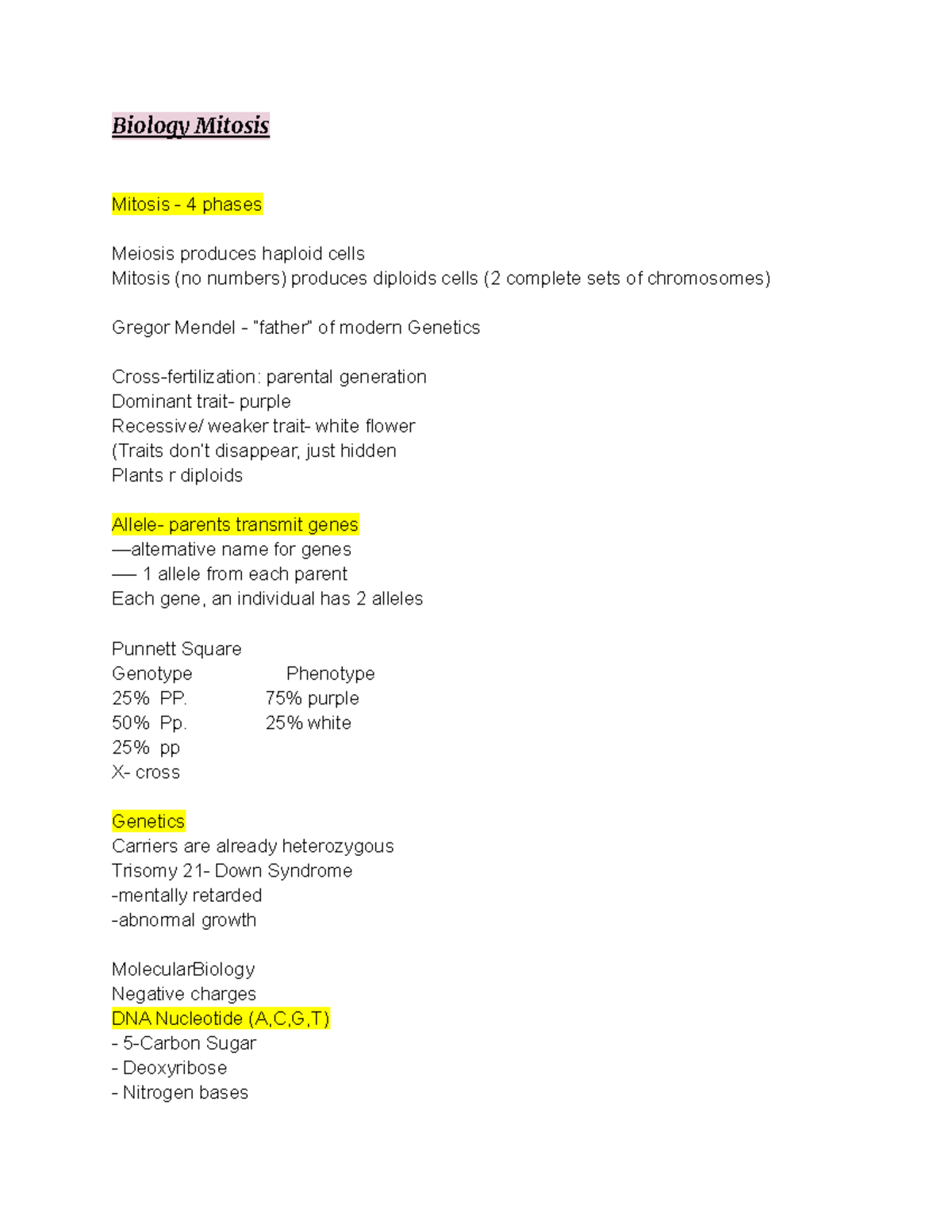 Bio 101 - Course summaries/ exam prep - Biology Mitosis Mitosis - 4 ...