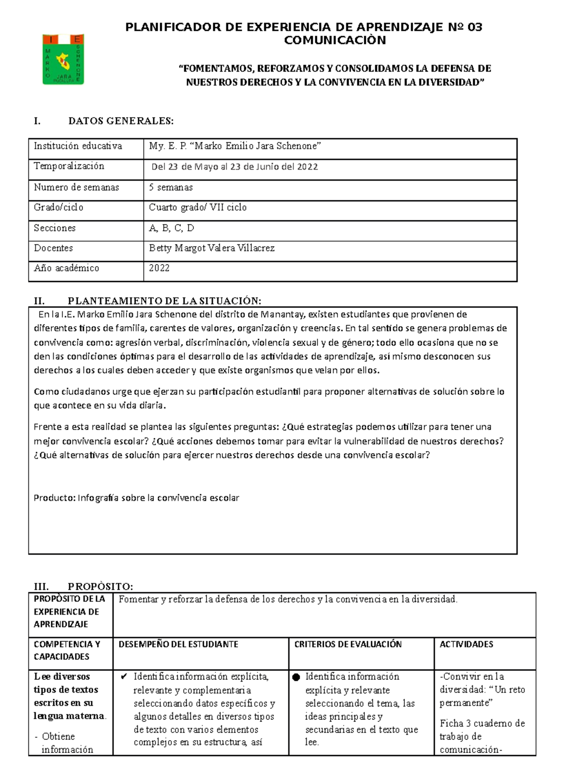 Experiencia DE Aprendizaje -3 - PLANIFICADOR DE EXPERIENCIA DE APRENDIZAJE Nº 03 COMUNICACIÒN ...