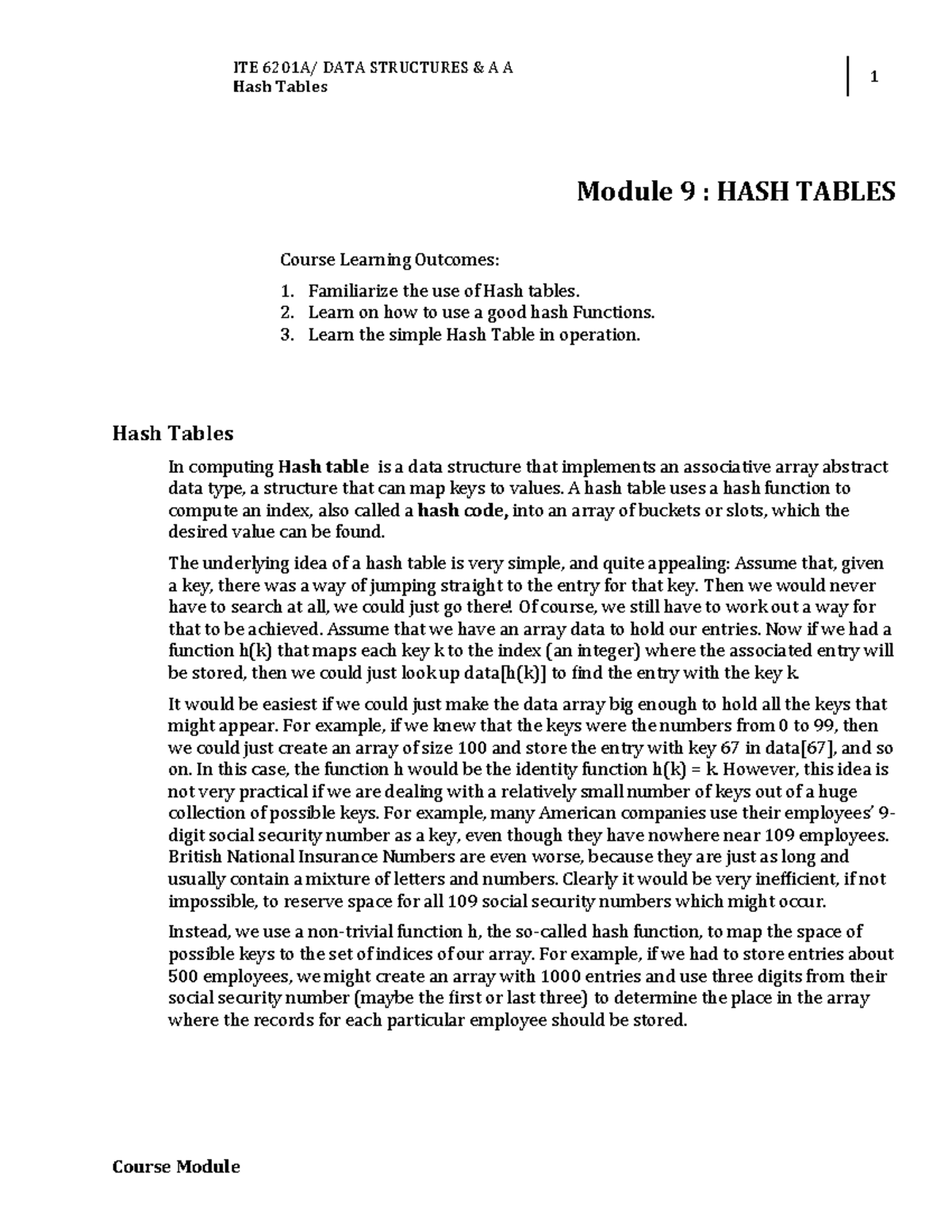 W11 Lesson 9 HASH Tables Module Copy ITE 6201A DATA STRUCTURES