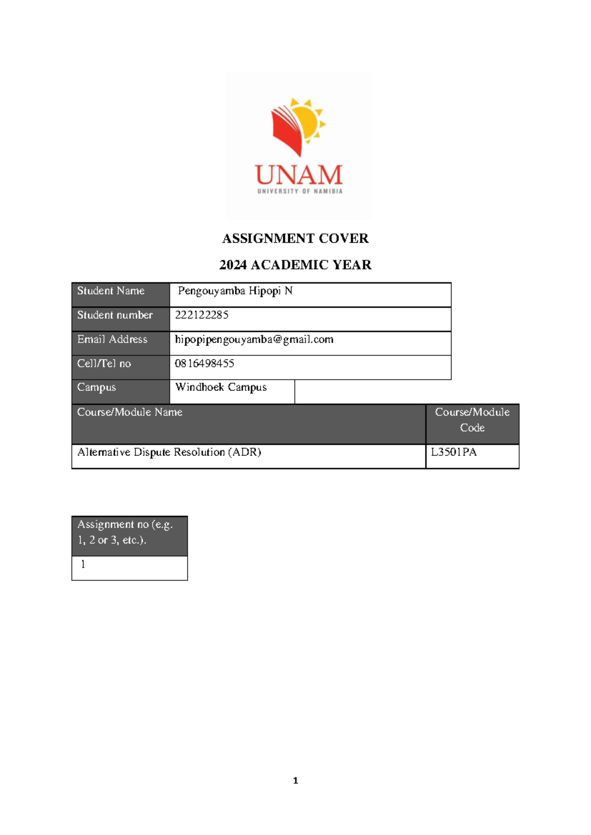 Final Draft ADR assignment - ASSIGNMENT COVER 2024 ACADEMIC YEAR Course/Module Name Course ...