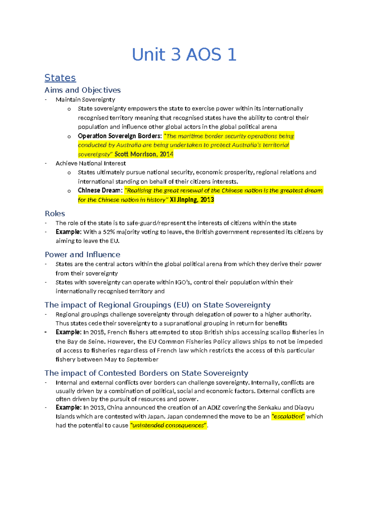 VCE exam U3AOS1 - Unit 3 AOS 1 States Aims and Objectives Maintain ...