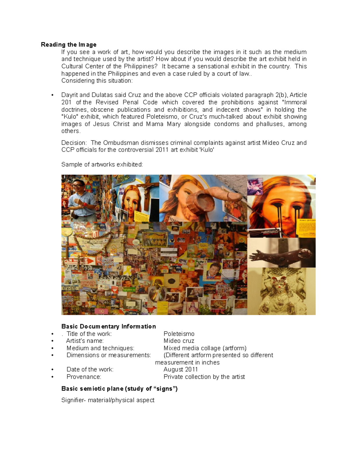 Reading the Image - Arts Appreciation - Reading the Image If you see a ...